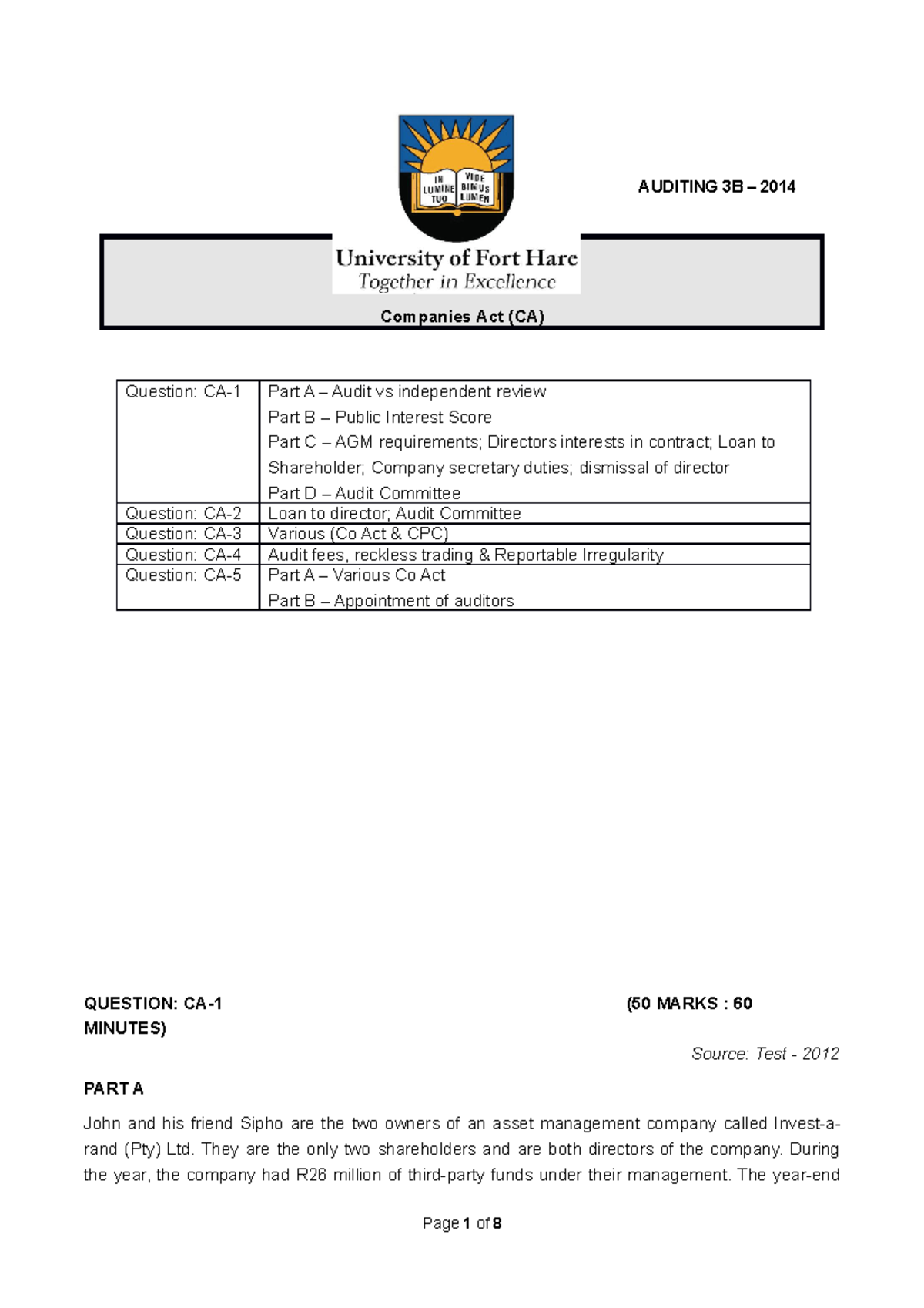 Companies Act Question bank 2014 - AUDITING 3B – 2014 QUESTION BANK ...