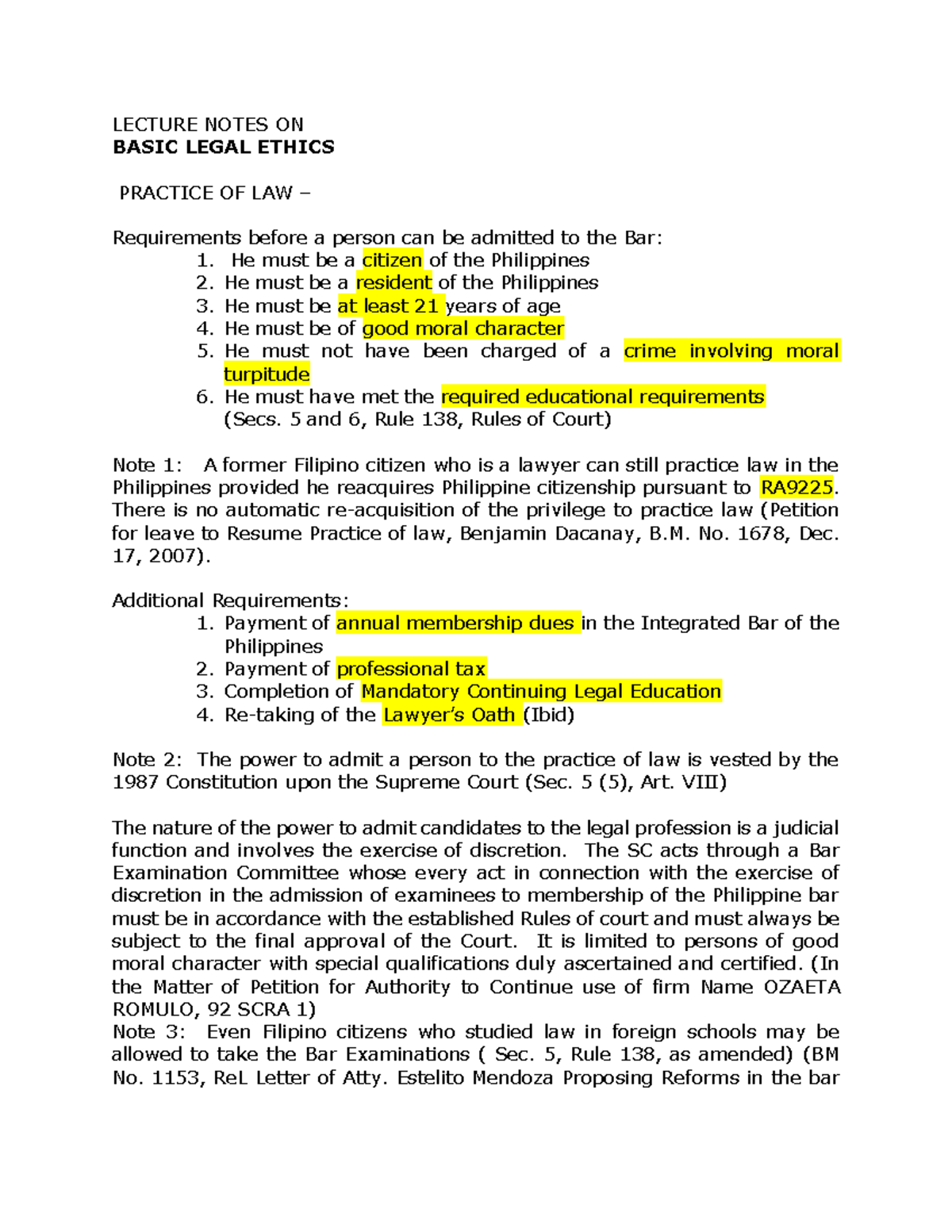 Basic Legal Ethics Notes LECTURE NOTES ON BASIC LEGAL ETHICS PRACTICE