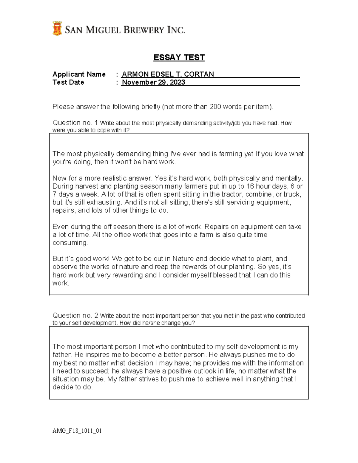 Essay Test - ESSAY TEST Applicant Name : ARMON EDSEL T. CORTAN Test ...