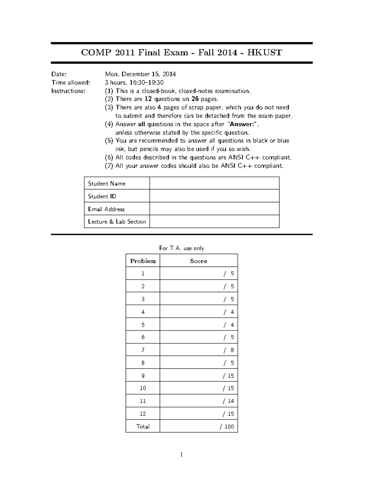 Final 20 January Autumn 2014 Questions COMP 2011 Final Exam Fall final-20-january-autumn-2014-questions-comp-2011-final-exam-fall