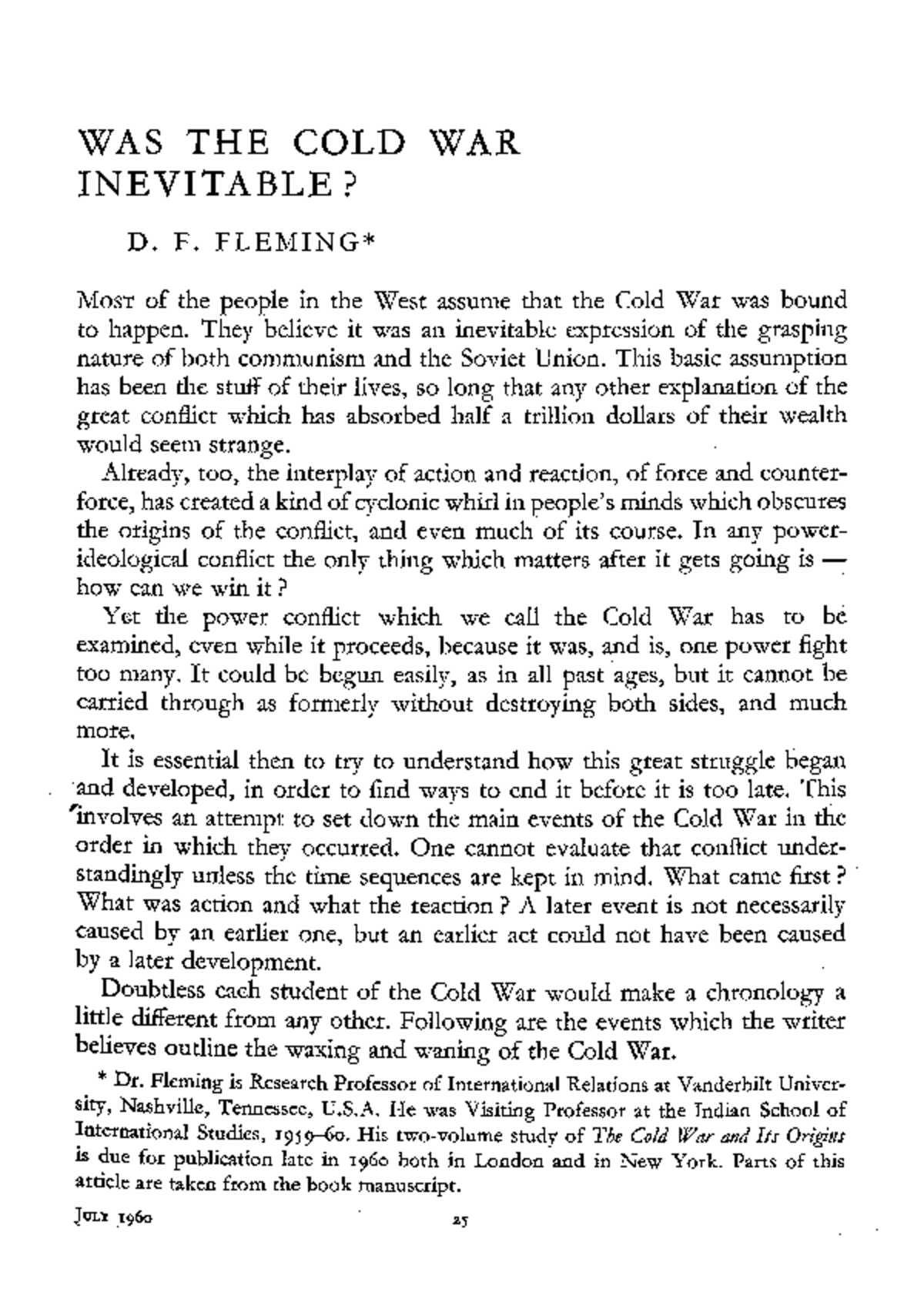 Fleming 1960 was the cold war inevitable - 25 WAS THE COLD WAR ...