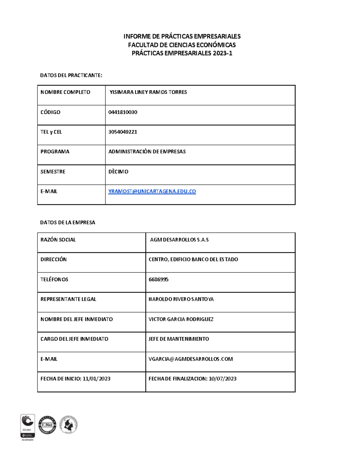 Proyecto Final - INFORME DE PR¡CTICAS EMPRESARIALES FACULTAD DE CIENCIAS ECON”MICAS PR¡CTICAS ...