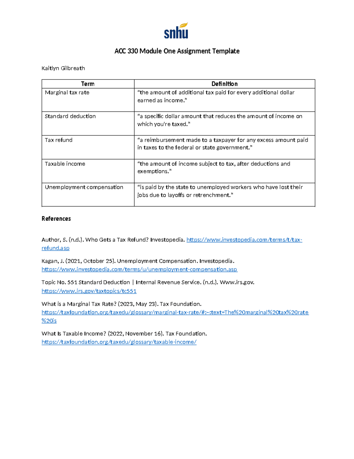 ACC 330 Module One Assignment - ” Standard deduction “a specific dollar ...