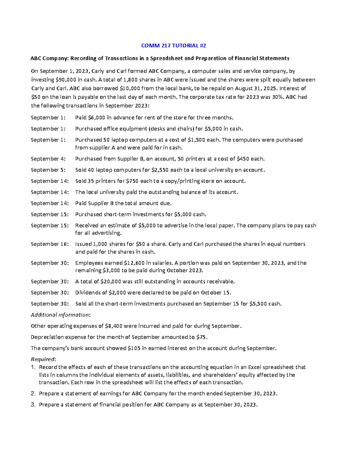 COMM 217 Tutorial 2, Fall 2023 - COMM 217 TUTORIAL ABC Company ...