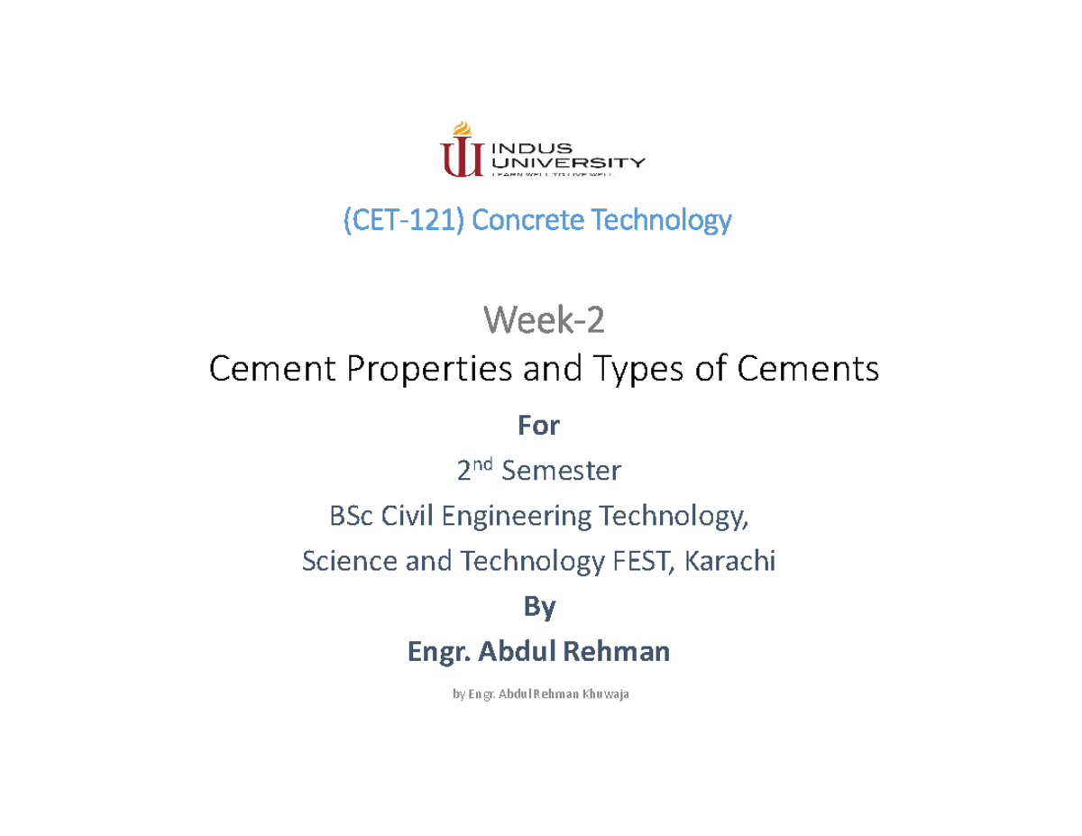 Week 2 - Lecture notes of concrete Technology - Week- 2 Cement ...