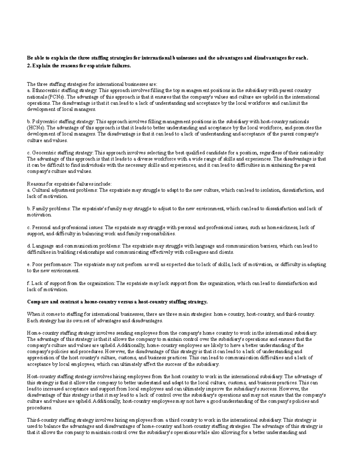 Staffing Internationally - Be able to explain the three staffing ...
