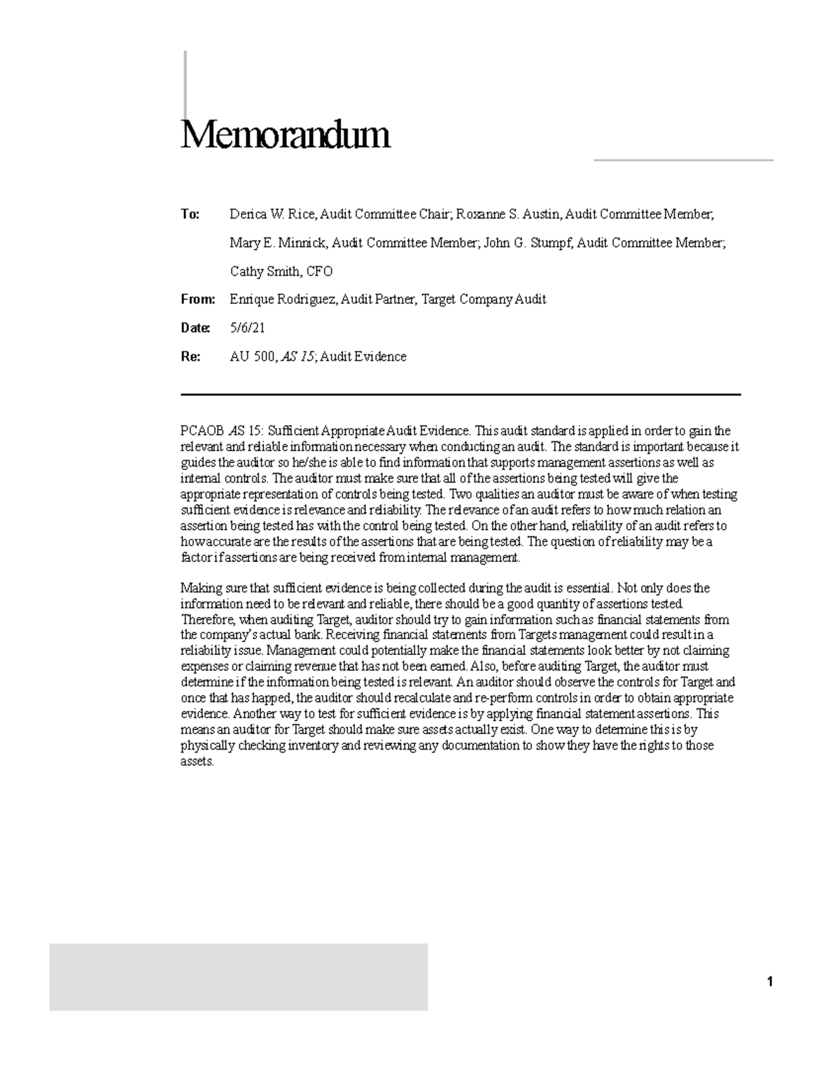Audit Memo 3 - Assignment that was outlined in the syllabus that was ...