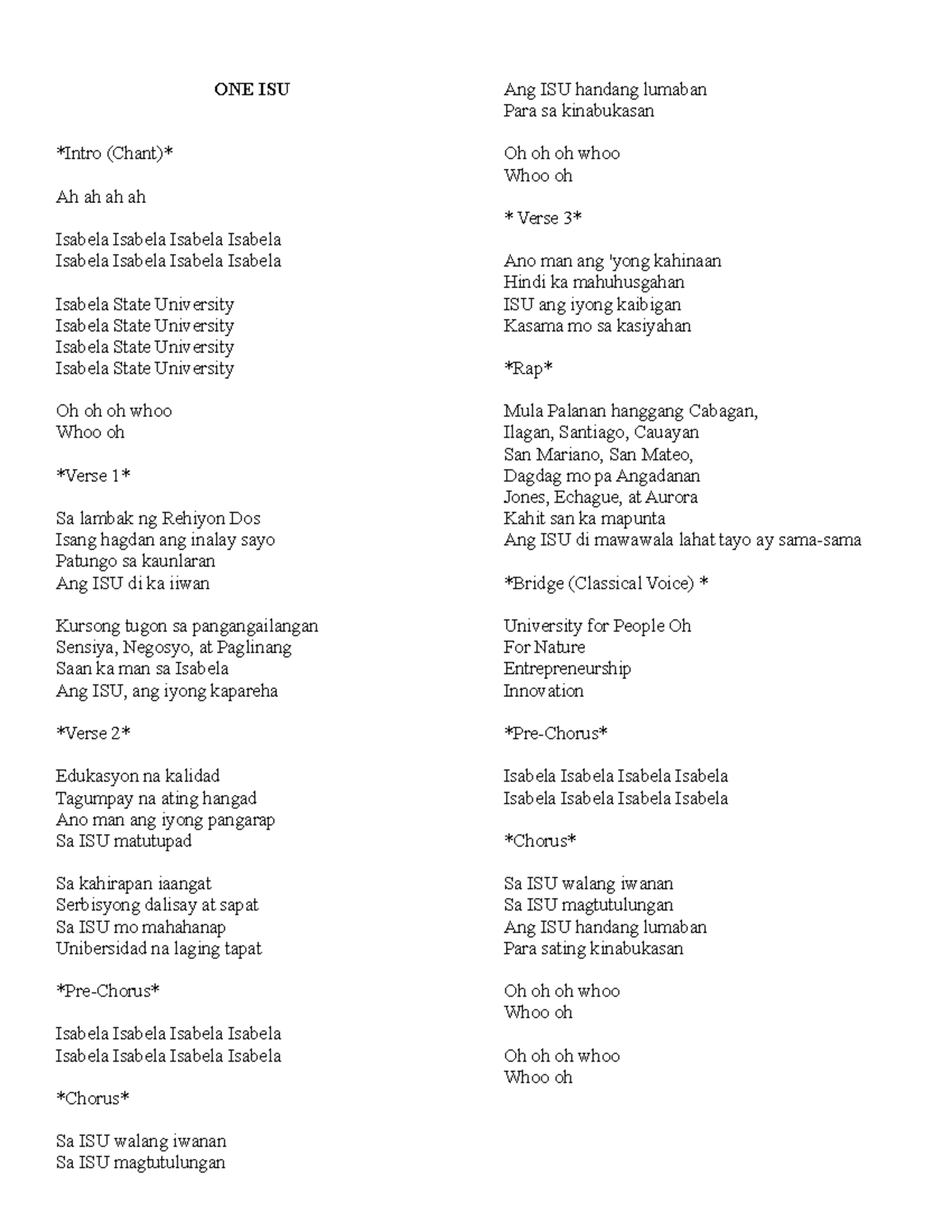 ONE ISU (lyrics) - ONE ISU Intro (Chant) Ah ah ah ah Isabela Isabela ...