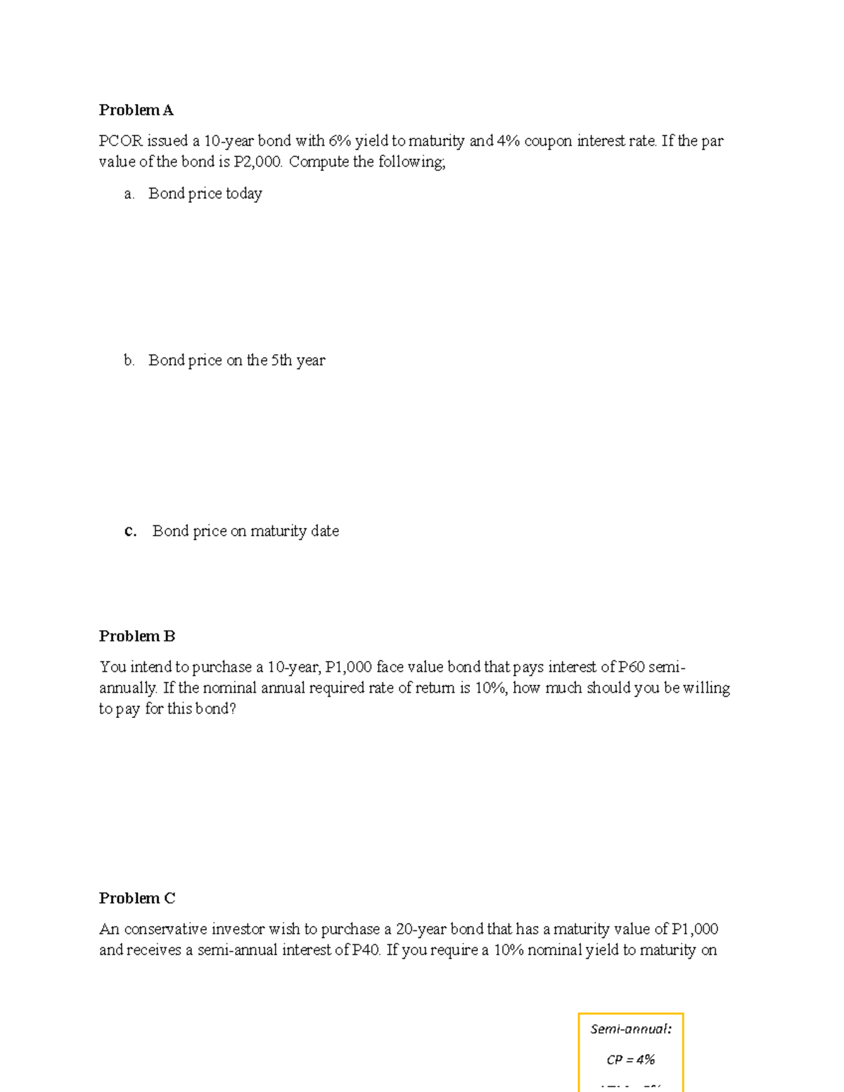 Assignment 2 Bonds Problem A PCOR Issued A 10 year Bond With 6 
