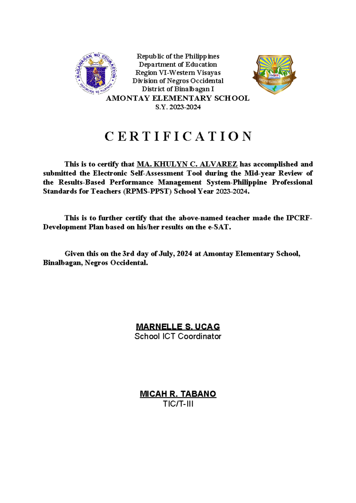 ESAT- Certification-2024 - Department of Education Region VI-Western ...