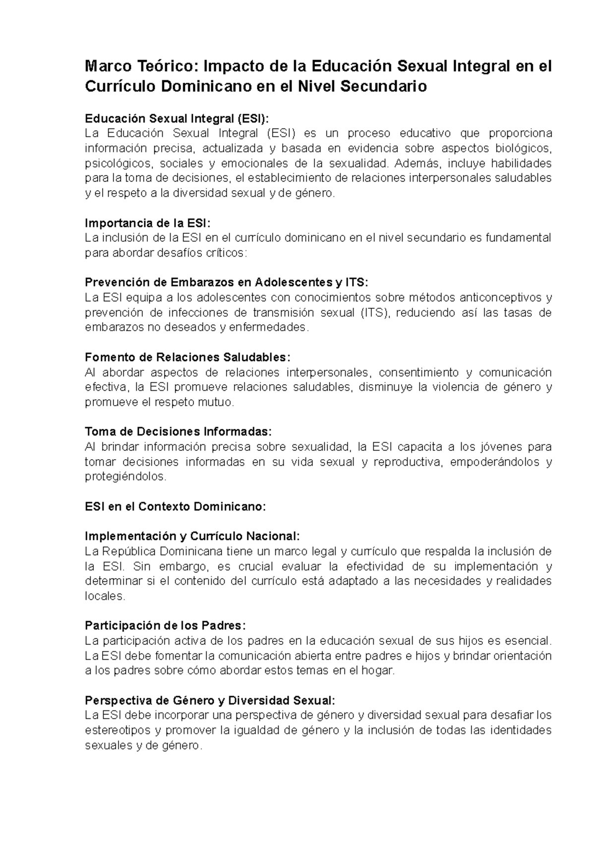 Marco Teórico - ijoij - Marco Teórico: Impacto de la Educación Sexual ...