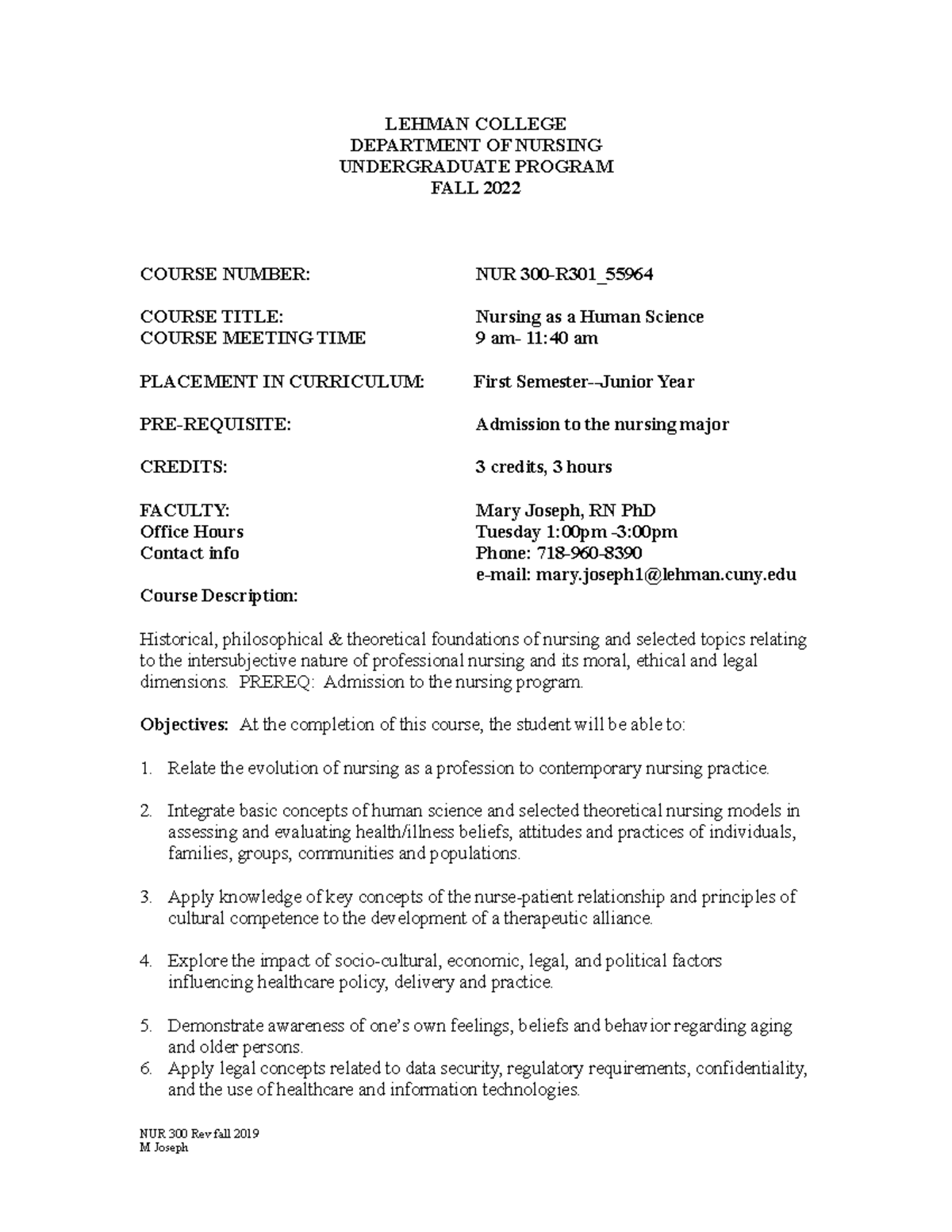 NUR 300 Syllabus 2022 Fall f2f Joseph - LEHMAN COLLEGE DEPARTMENT OF ...
