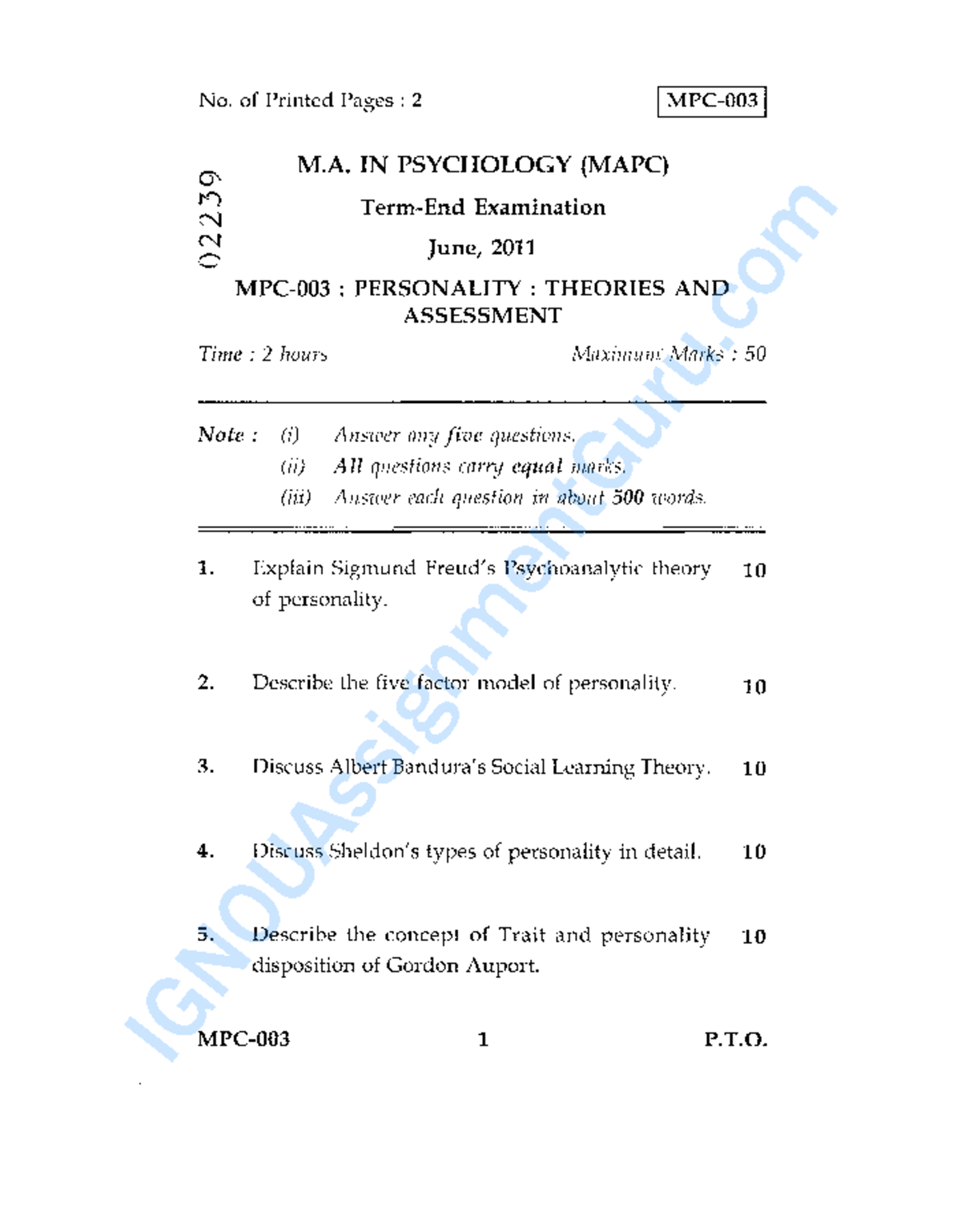 03. June 2011 MPC 003 Ignouassignment Guru - No. of Printed Pages : 2 MPC- M. IN PSYCHOLOGY ...