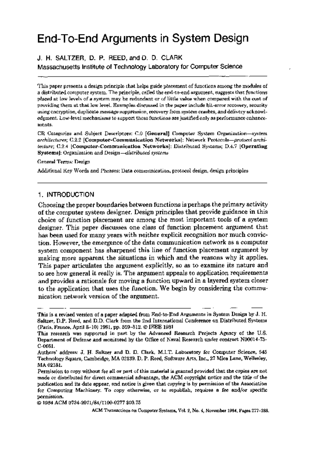 End-to-end - paper - End-To-End Arguments in System Design J. H ...