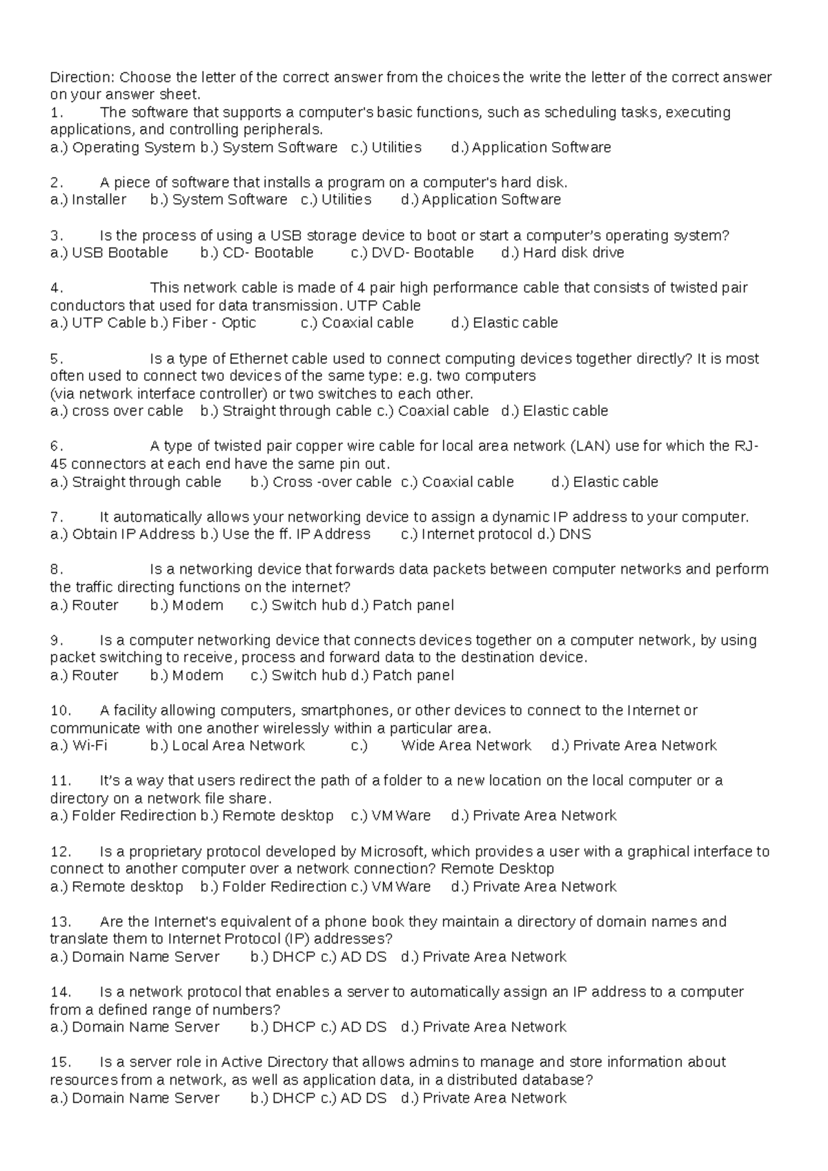 ICT CSS-3rd Quarter Exam Final A - Direction: Choose the letter of the correct answer from the ...