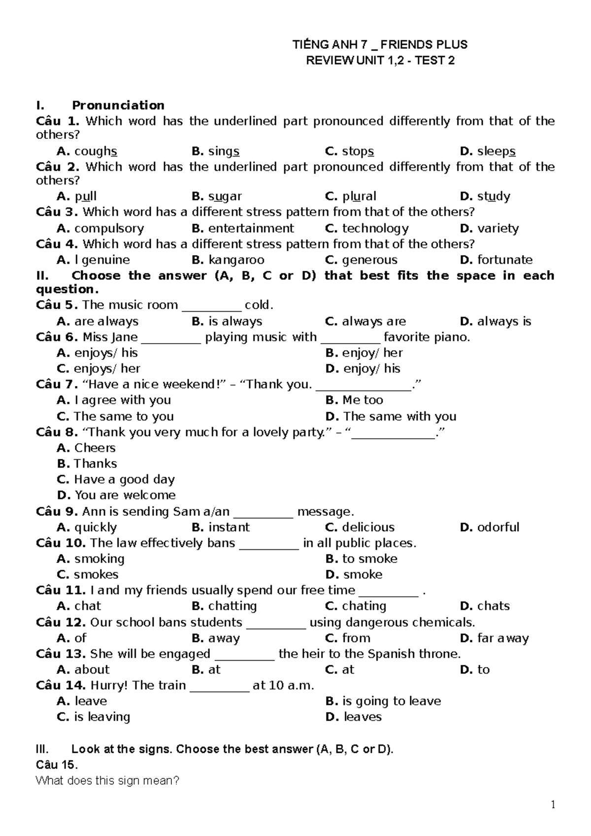 Tieng Anh 7 Friends Plus - Progress Review 1 - Test 2 - TIẾNG ANH 7 ...