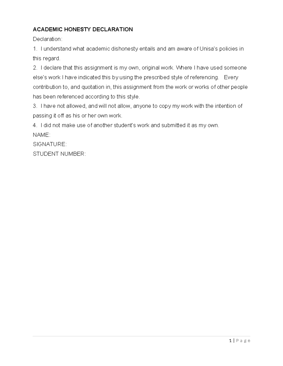 TLI assignemnt 1 - ACADEMIC HONESTY DECLARATION Declaration: 1. I ...