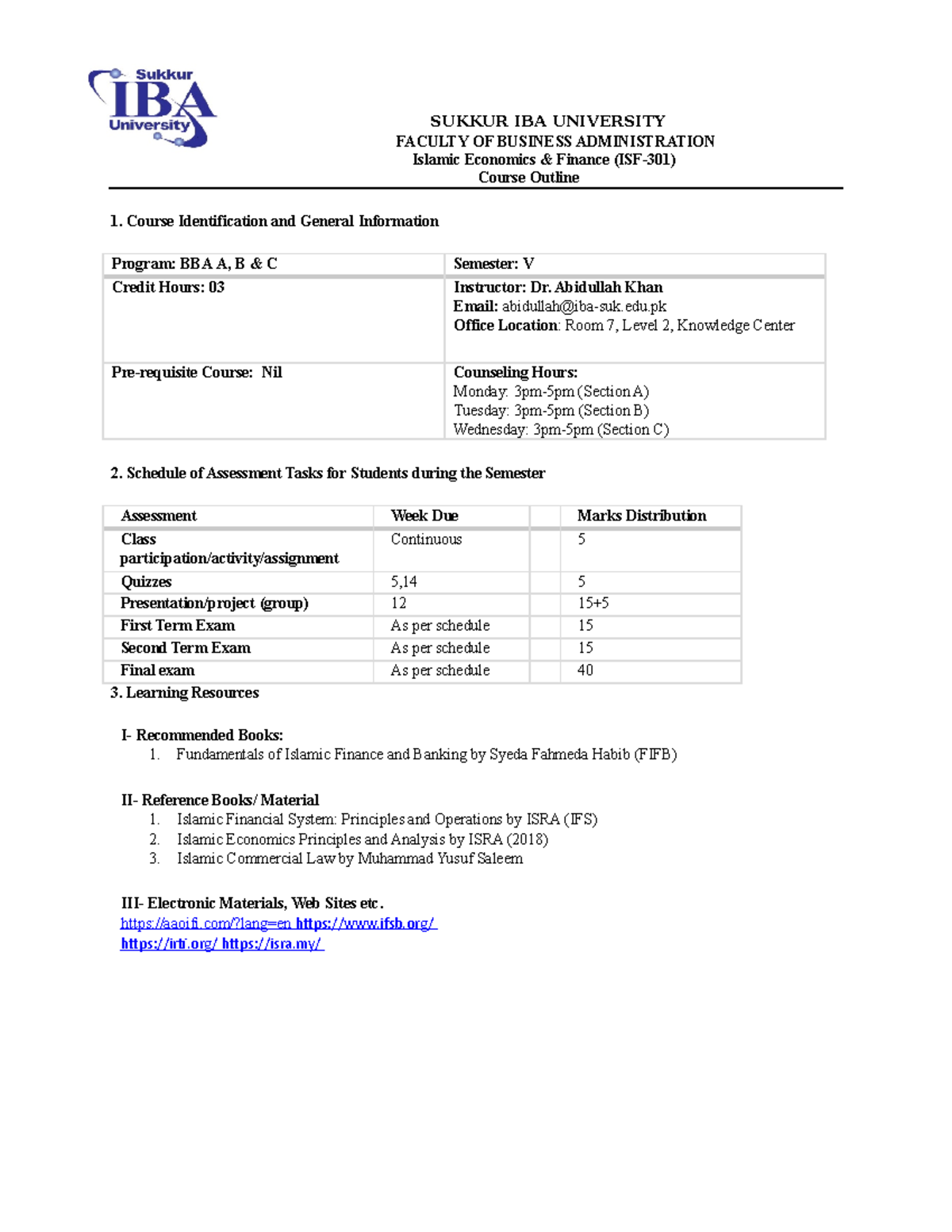 Course Outline Islamic Economics and FInance - SUKKUR IBA UNIVERSITY ...