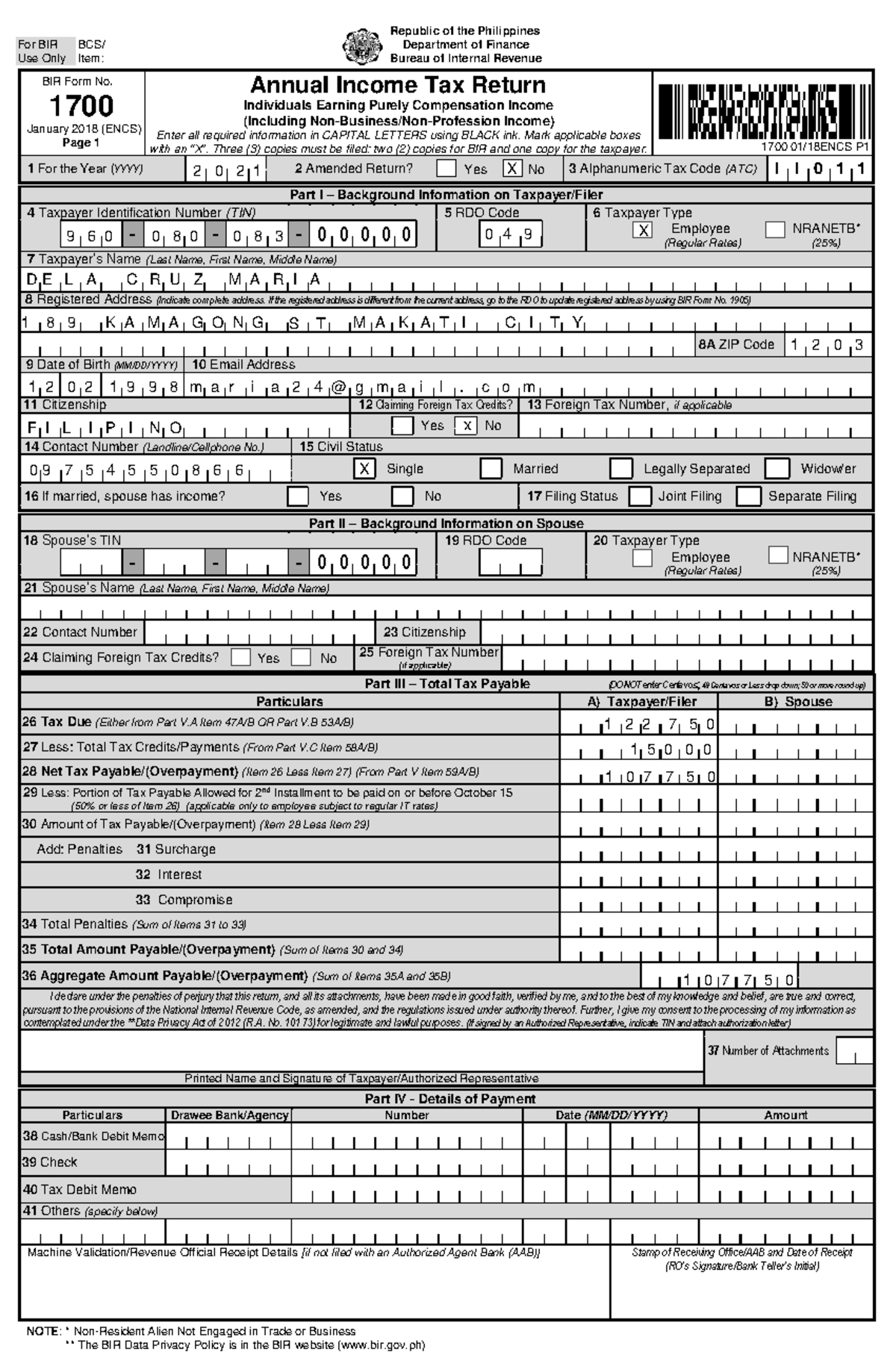 1700 Jan 2018 ENCS v6 - Sample of BIR Income tax return filing - BIR Form No. 1700 January 2018 ...