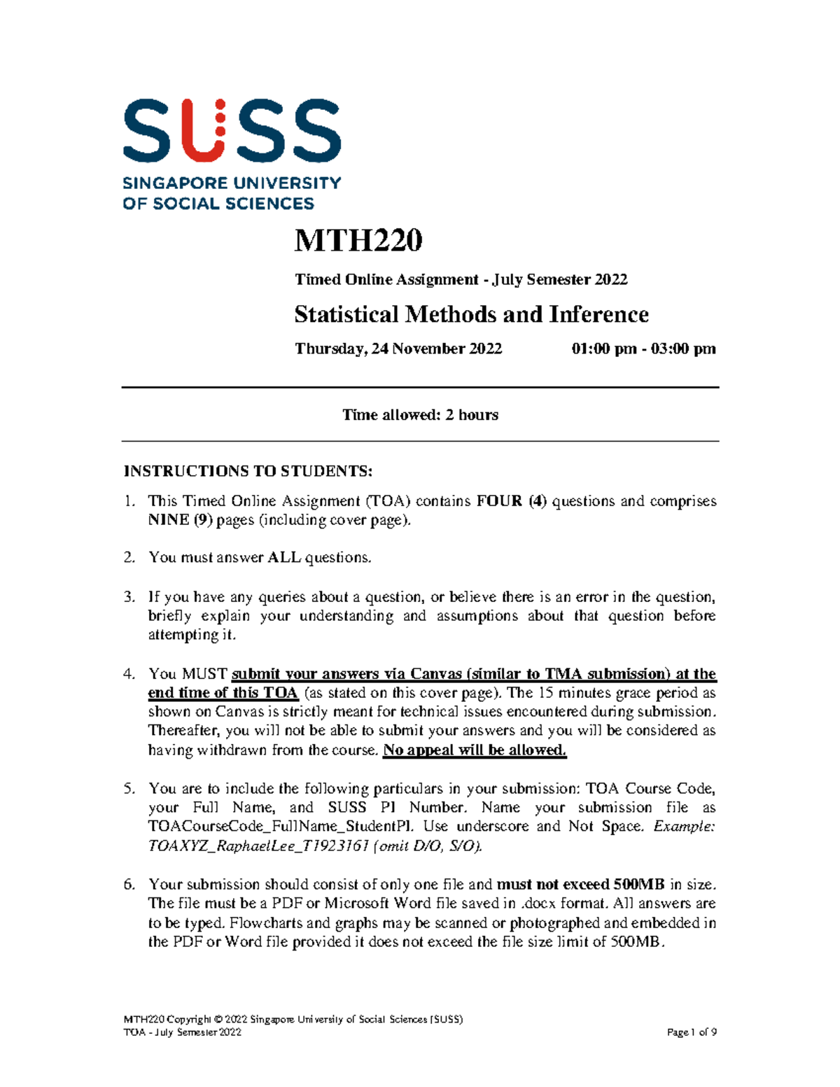 MTH220 JUL 2022 TOA - TOA - MTH220 Copyright © 2022 Singapore University of Social Sciences ...
