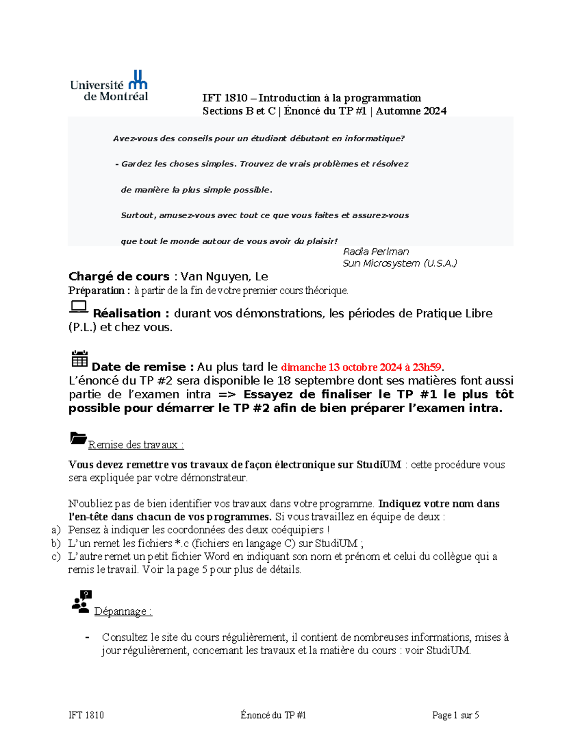 Tp1 1810 a24 - Tp1 - IFT 1810 – Introduction à la programmation Sections B et C | Énoncé du TP ...
