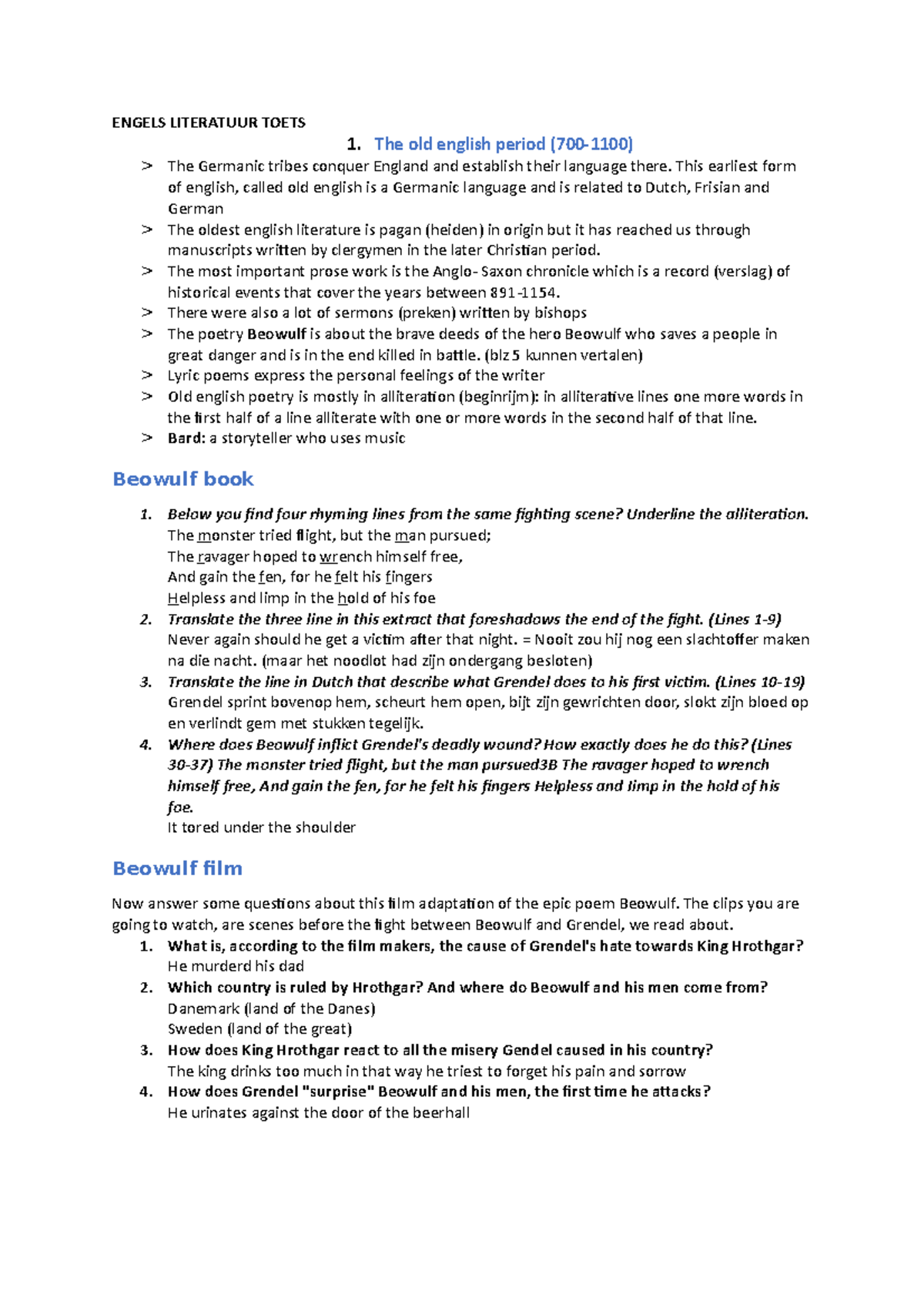 Engels literatuur h5 tw1 - ENGELS LITERATUUR TOETS 1. The old english ...