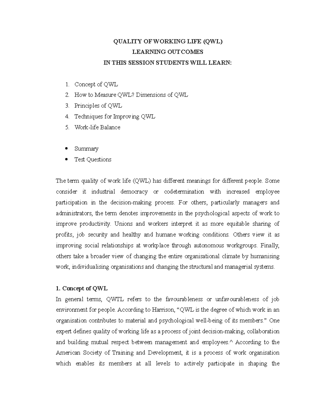 Quality OF Working Life requirements - QUALITY OF WORKING LIFE (QWL ...