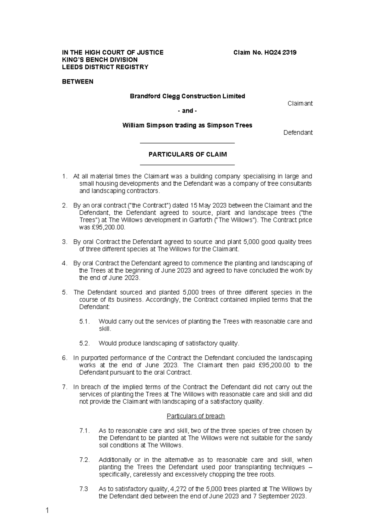 Draft Particulars of Claim - Legal Drafting - IN THE HIGH COURT OF ...