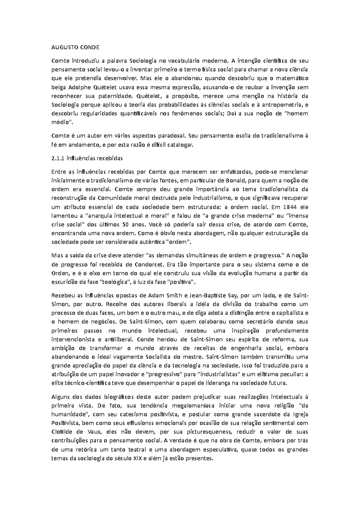 Augusto Conde - Anotações de aula 1 - AUGUSTO CONDE Comte introduziu a ...