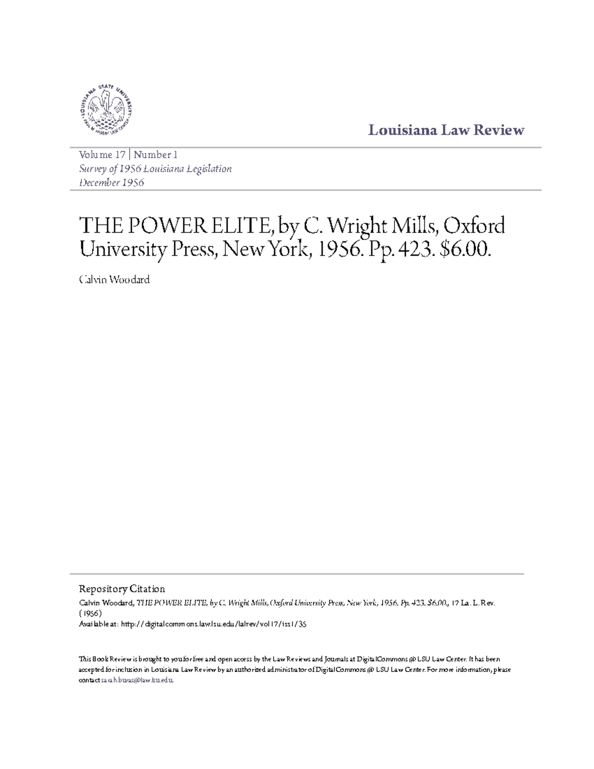 The power elite book review - Louisiana Law Review Volume 17 Number 1 ...