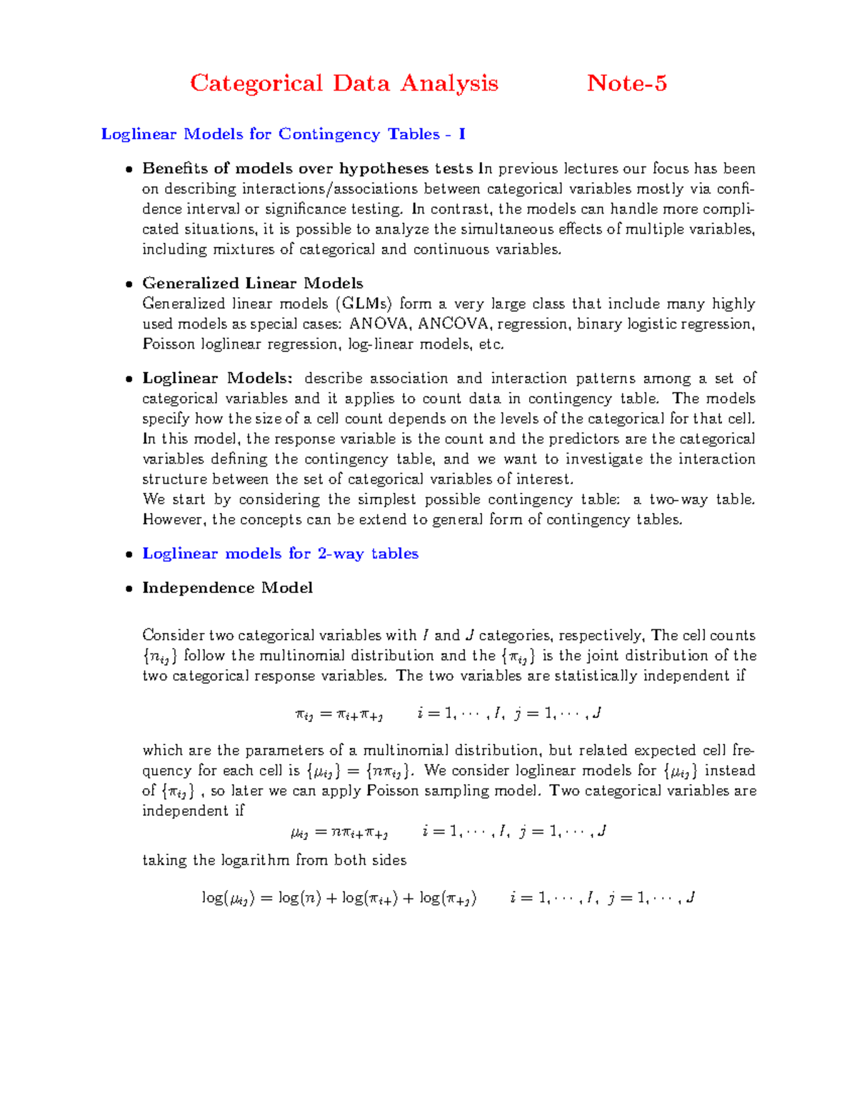 Note 5 2382 20231 - note5 - Categorical Data Analysis Note- Loglinear Models for Contingency ...