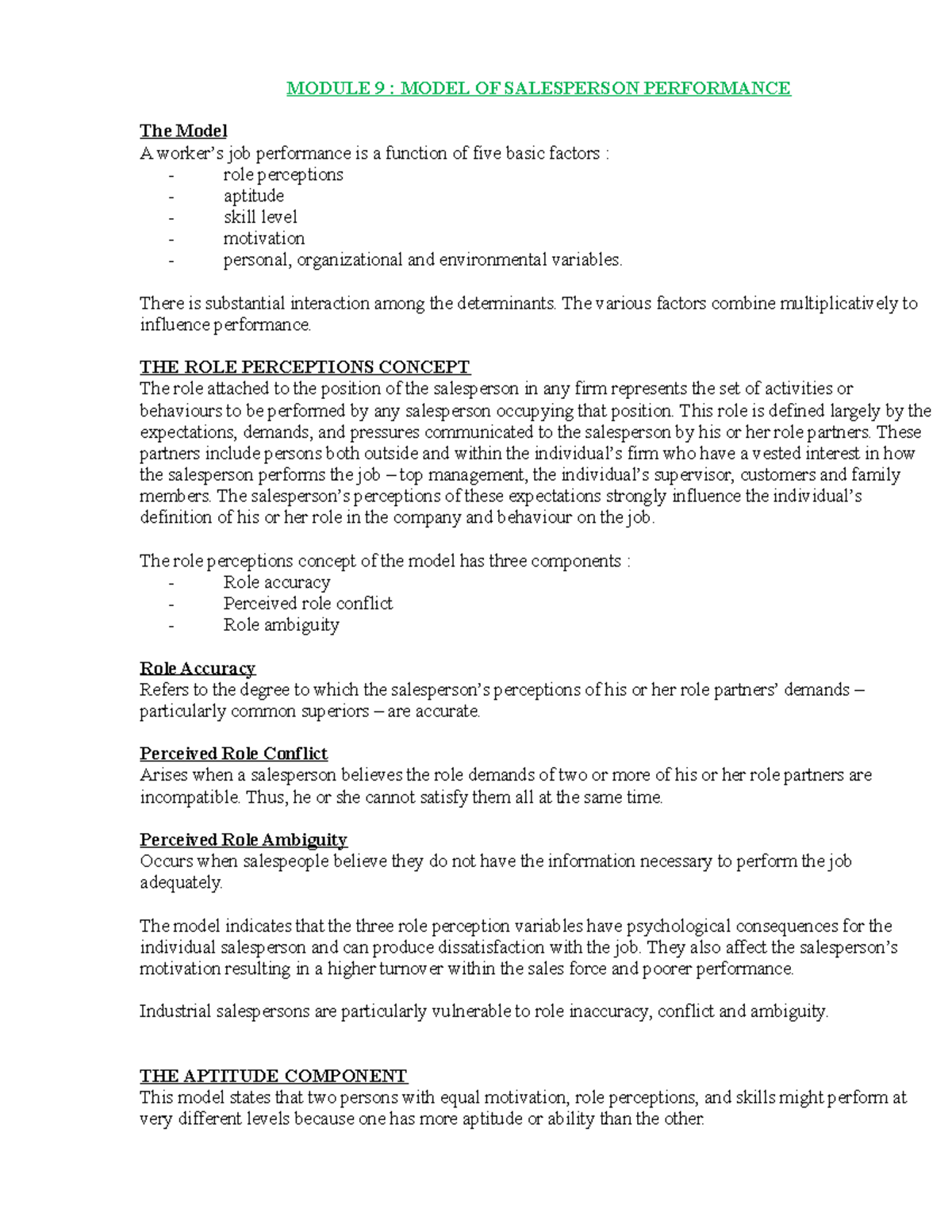 Ch9 Model of Salesperson Performance - MODULE 9 : MODEL OF SALESPERSON ...