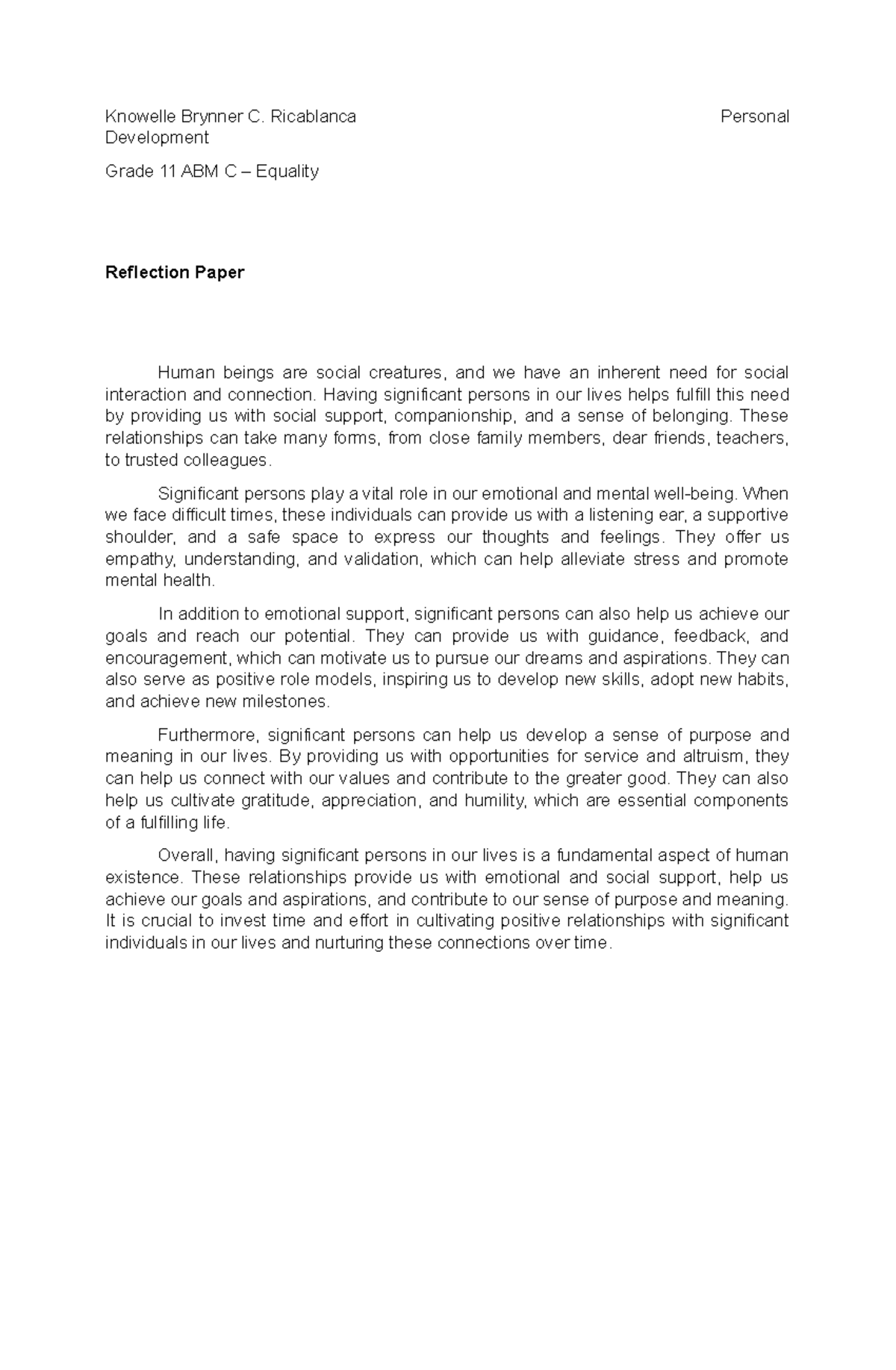 Reflection Paper - Personal Development - Knowelle Brynner C ...