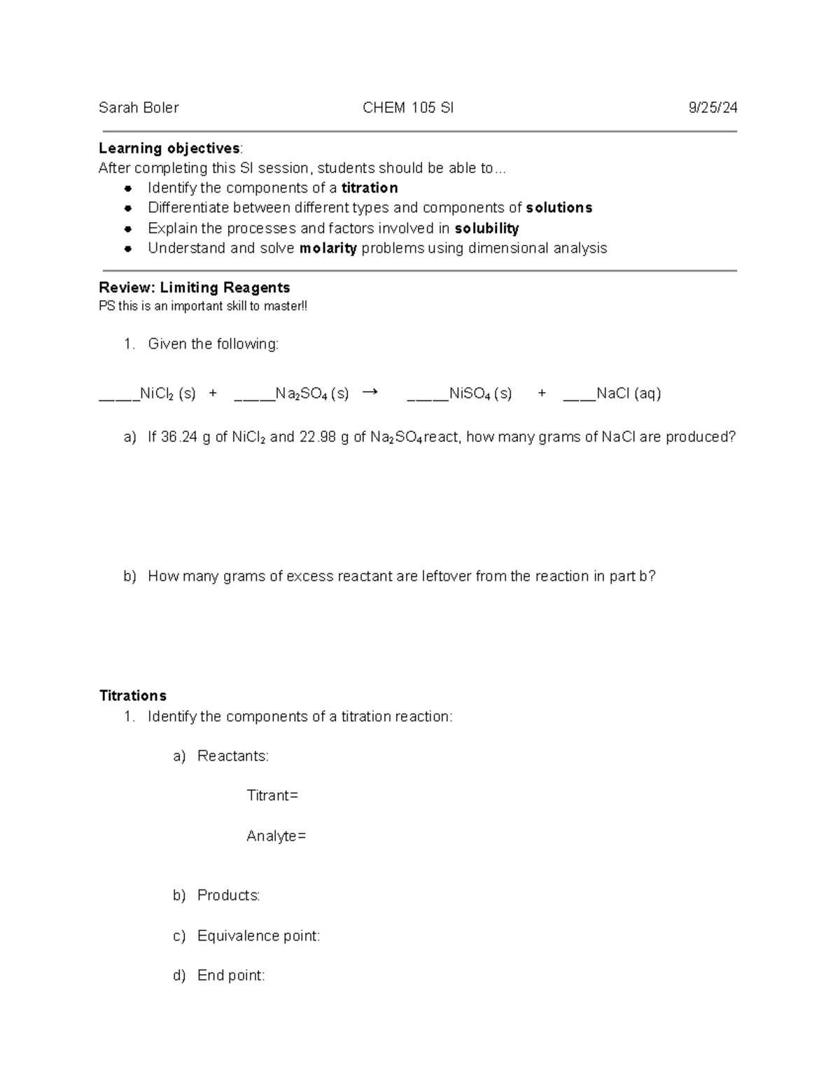 9.25.24 CHEM 105 SI - SI assignments. - Sarah Boler CHEM 105 SI 9/25 ...