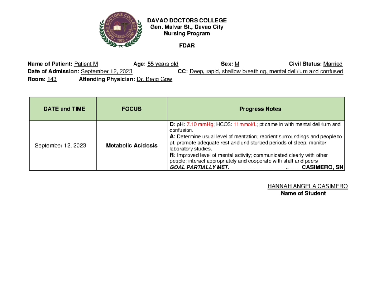 CKD FDAR Casimero - FDAR for Module 2 - DAVAO DOCTORS COLLEGE Gen ...