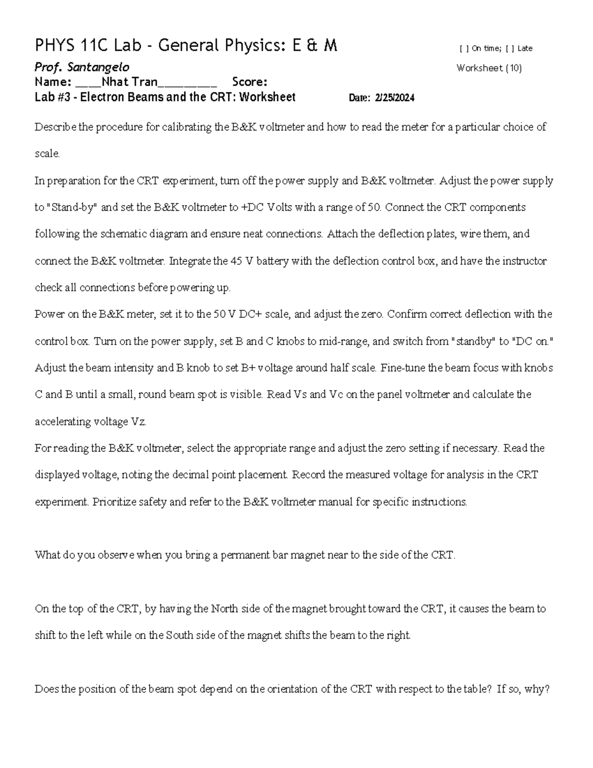 Worksheet - Lab 03 - PHYS 11C Lab - General Physics: E & M [ ] On time; [ ] Late Prof. - Studocu