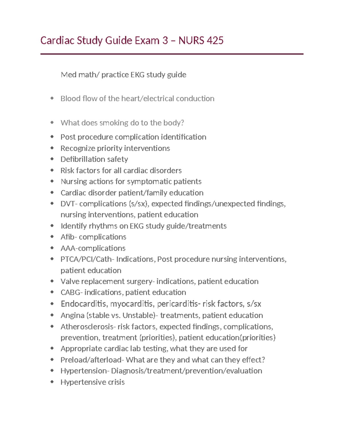 Cardiac Study Guide Exam 3 425 - Cardiac Study Guide Exam 3 – NURS 425 ...