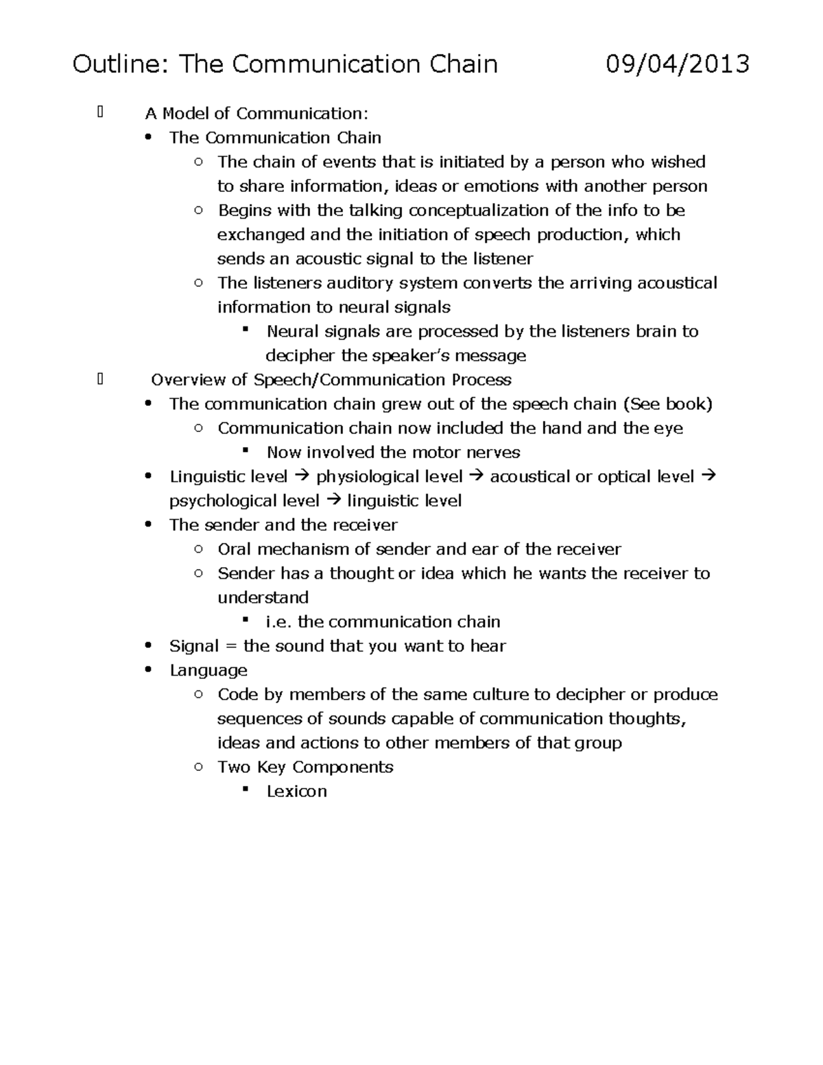 Intro to Audiology Textbook Notes - Outline: The Communication Chain A ...