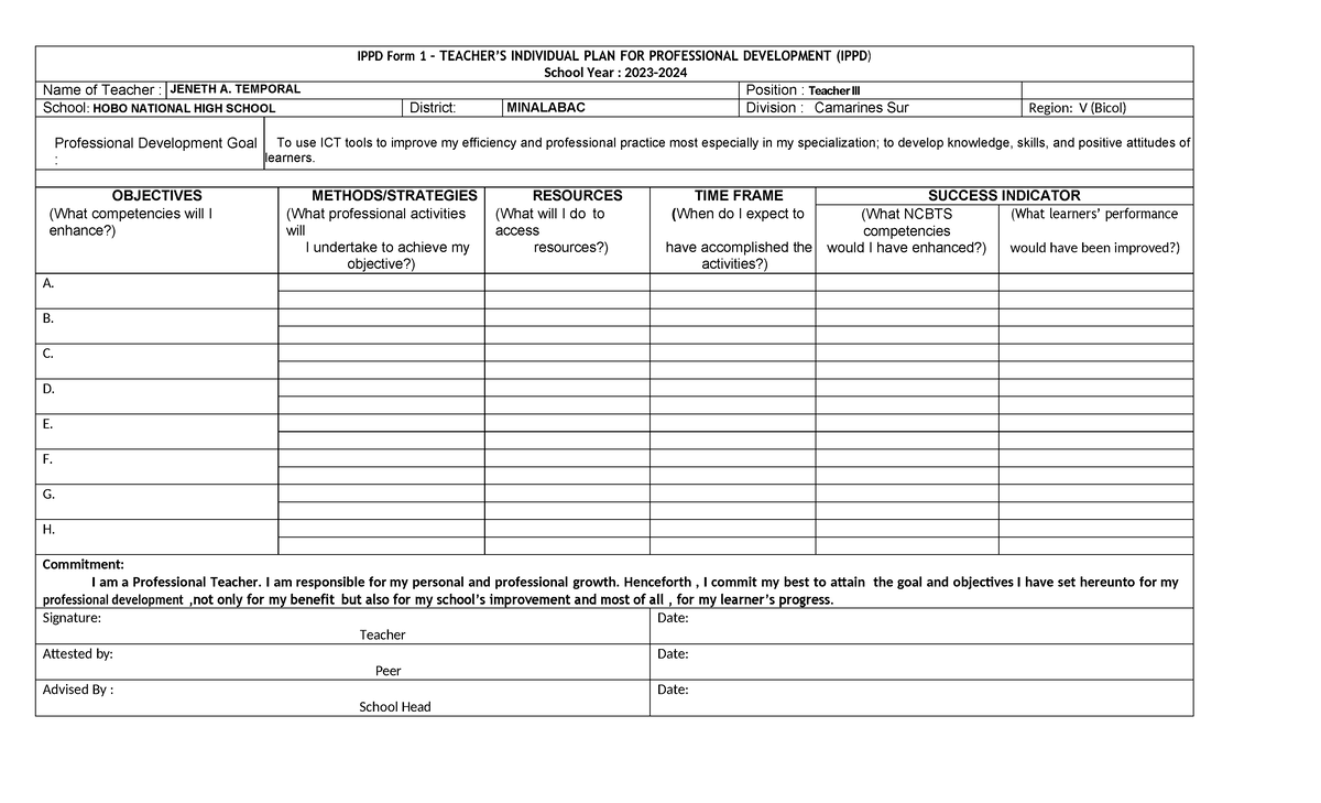 IPPD-Form-1 - IPPD FORM for IPCRF. - IPPD Form 1 – TEACHER’S INDIVIDUAL PLAN FOR PROFESSIONAL ...