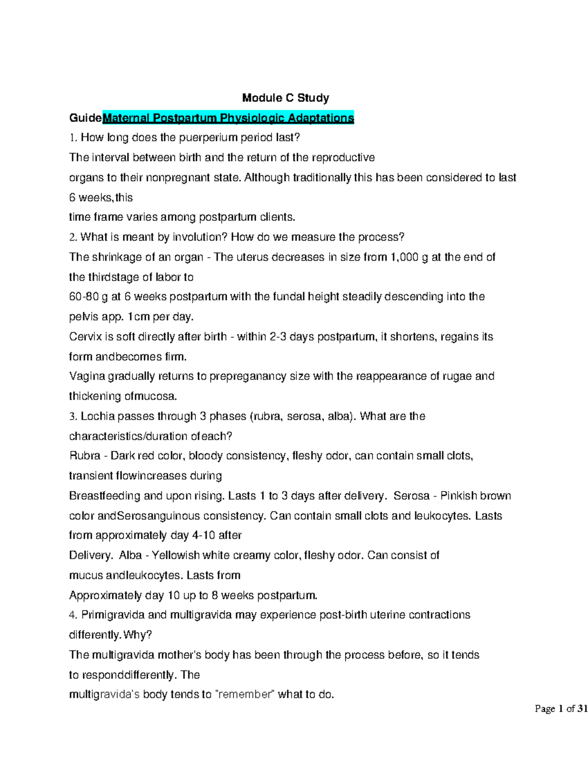 Perinatal Module C Study Guide - Module C Study Guide Maternal ...