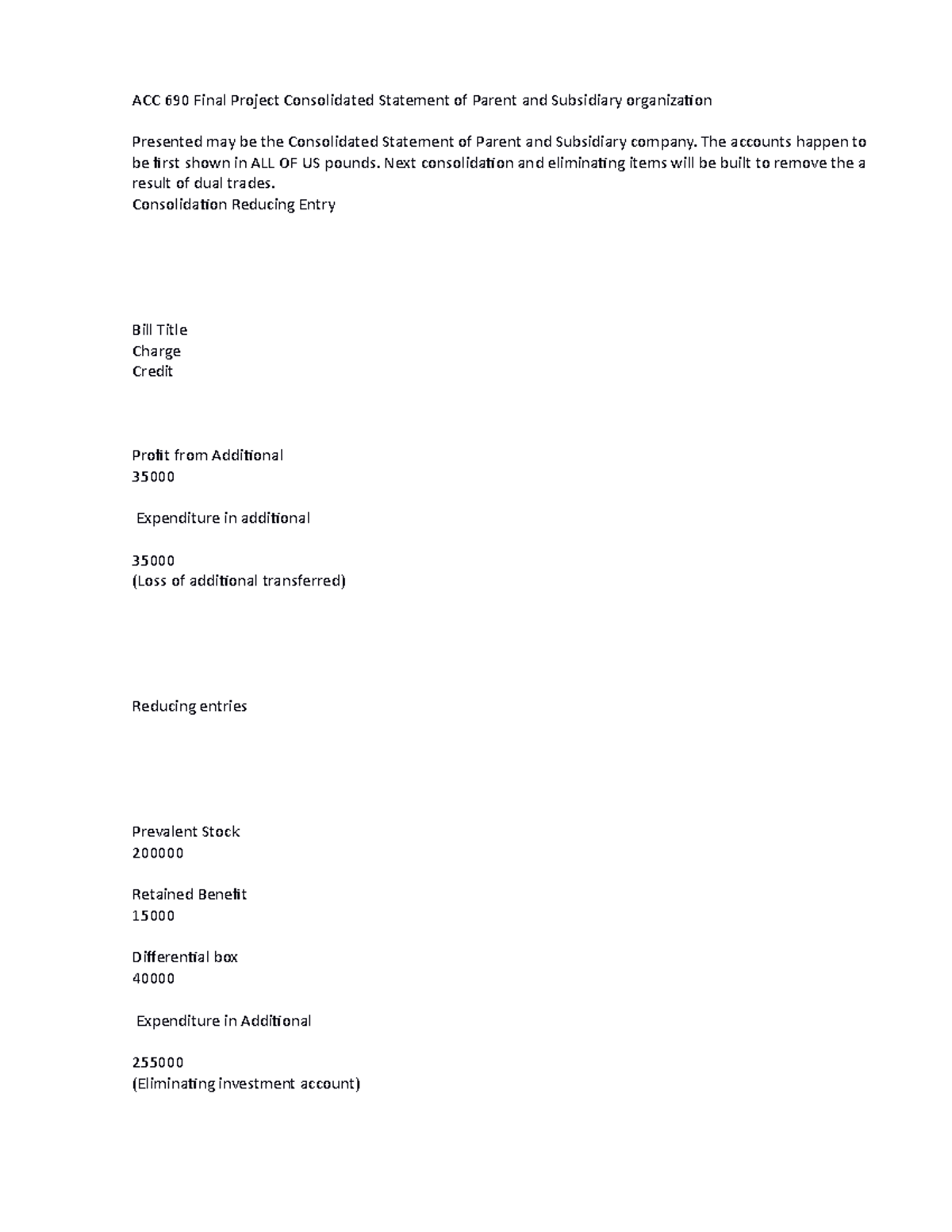 ACC 690 Final Project Consolidated Statement of Parent and Subsidiary ...