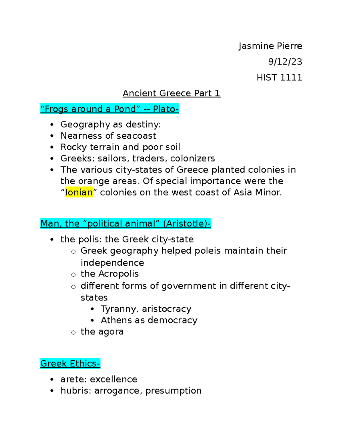 Ancient Greece Part 1 - Week 5 - Jasmine Pierre 9/12/ HIST 1111 Ancient ...