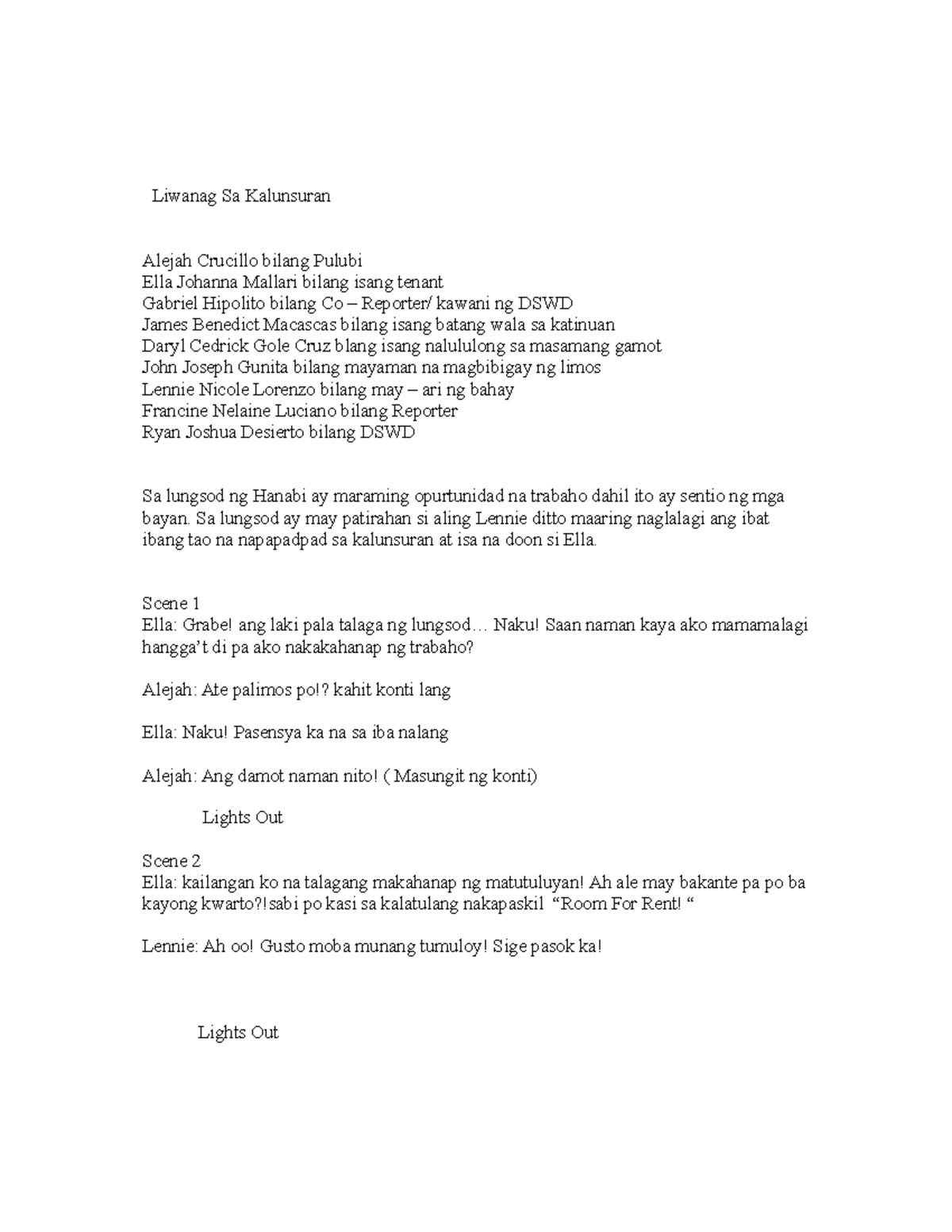 Script In Filipino - Liwanag Sa Kalunsuran Alejah Crucillo bilang ...