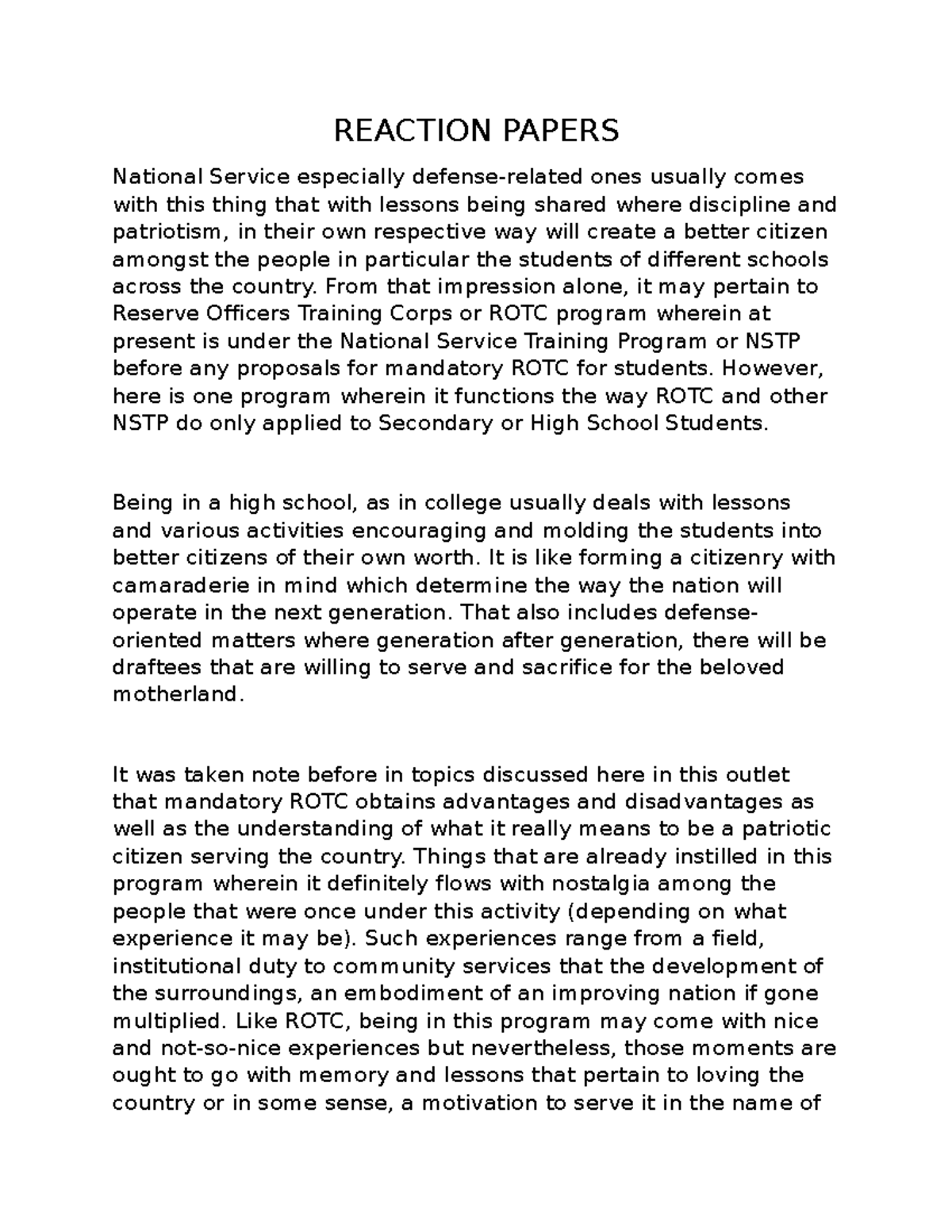 Reaction- Papers- Namit - REACTION PAPERS National Service especially ...