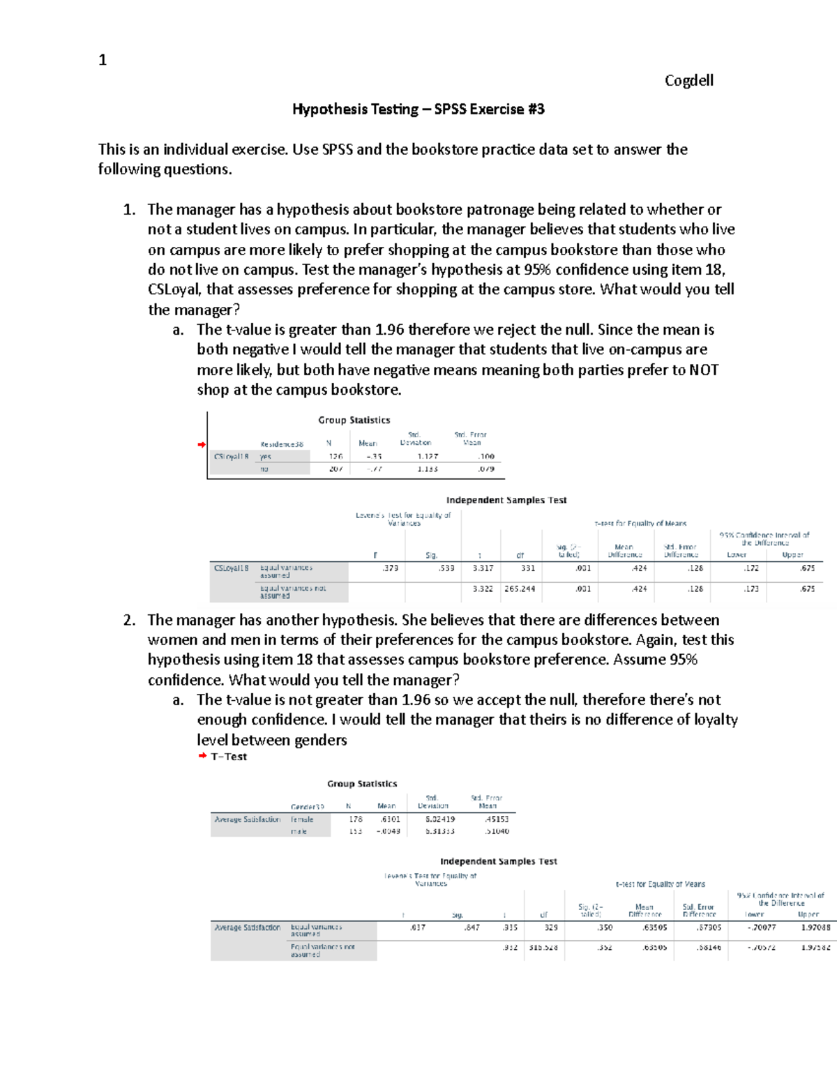 SPSS Exercise #3 - spss assignmenets - 1 Cogdell Hypothesis Testing ...