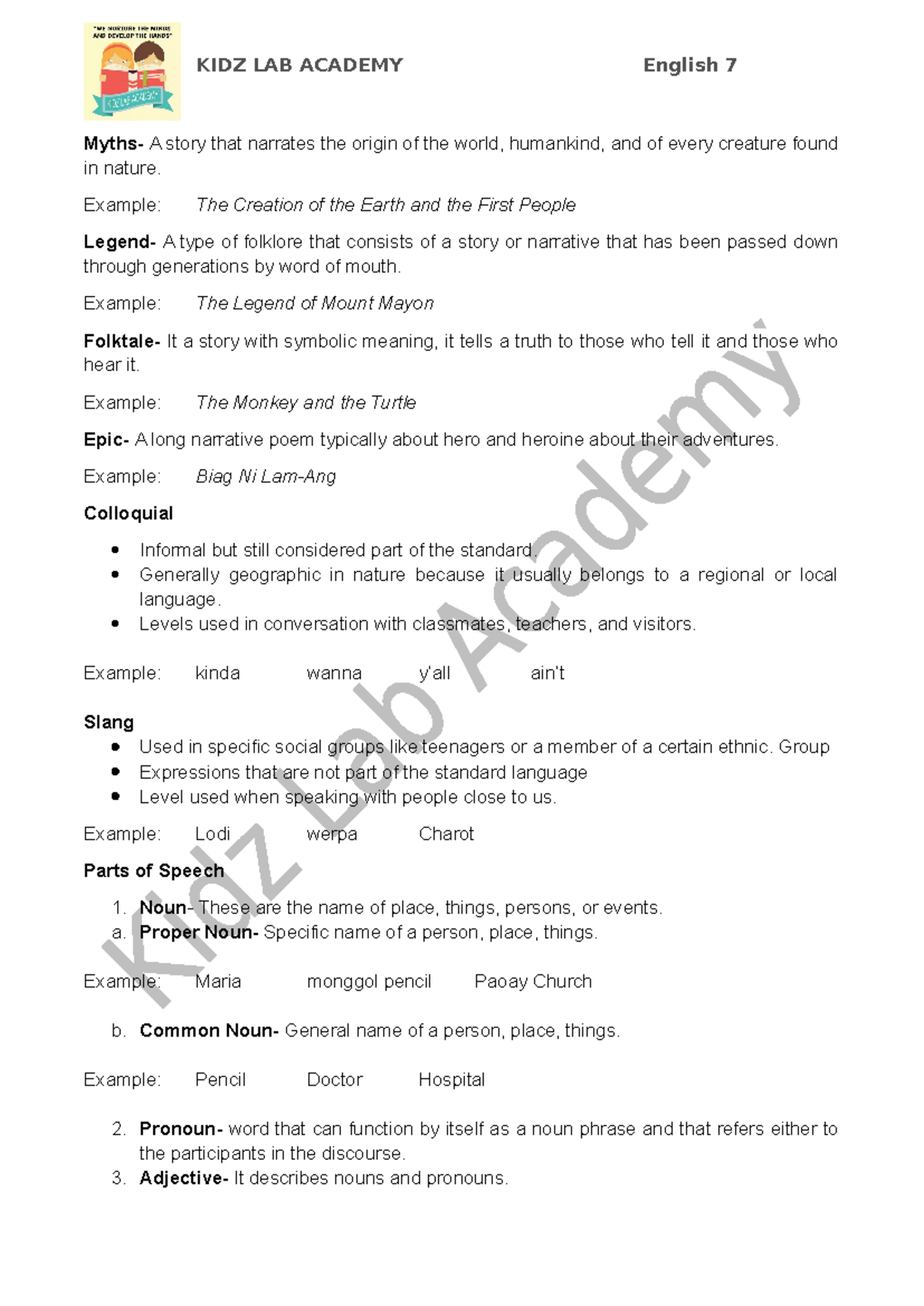 English 7- Quarter 1 Reviewer - KIDZ LAB ACADEMY English 7 Myths- A ...