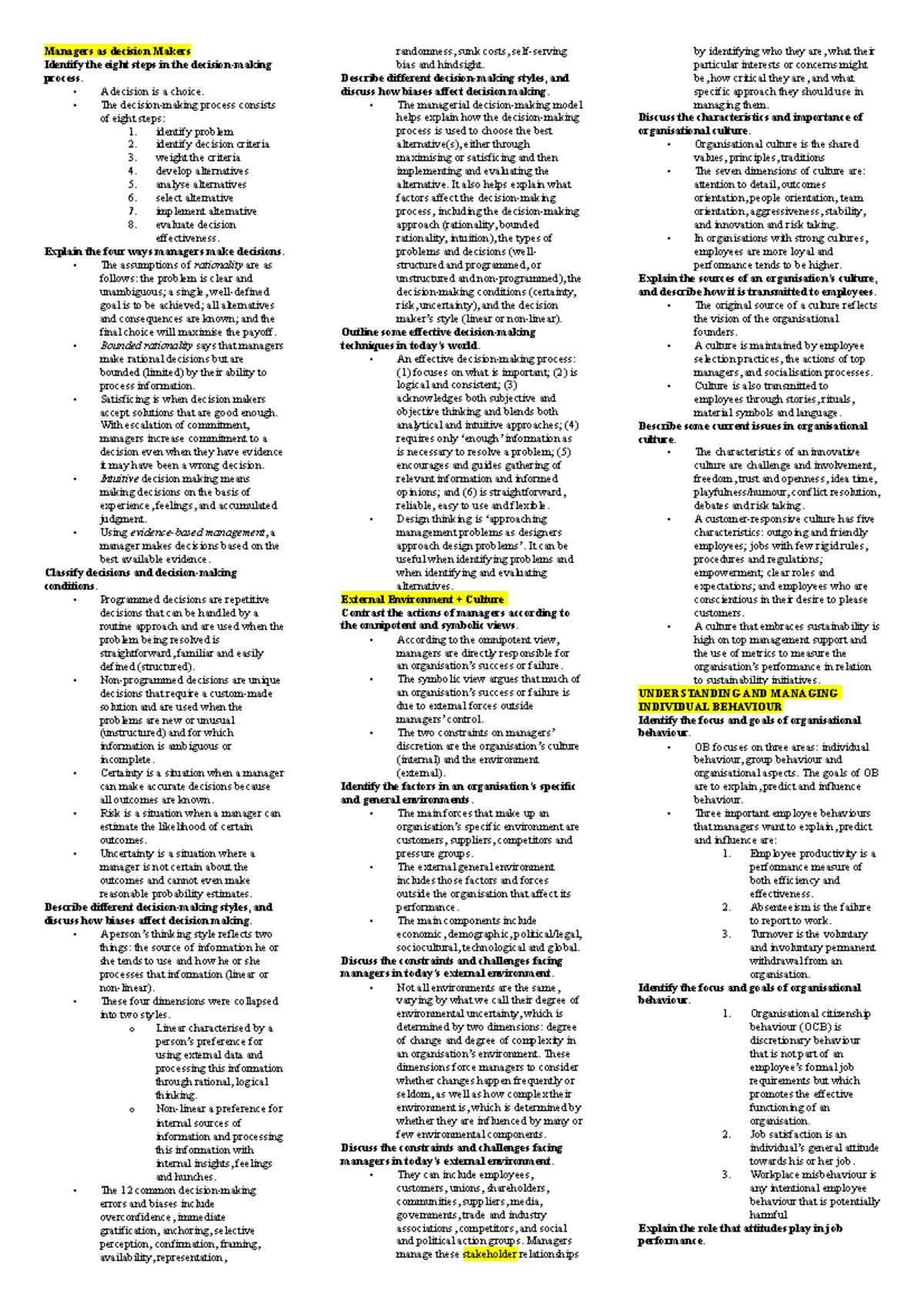 MNGT Cheat Sheet - Managers as decision Makers Identify the eight steps ...