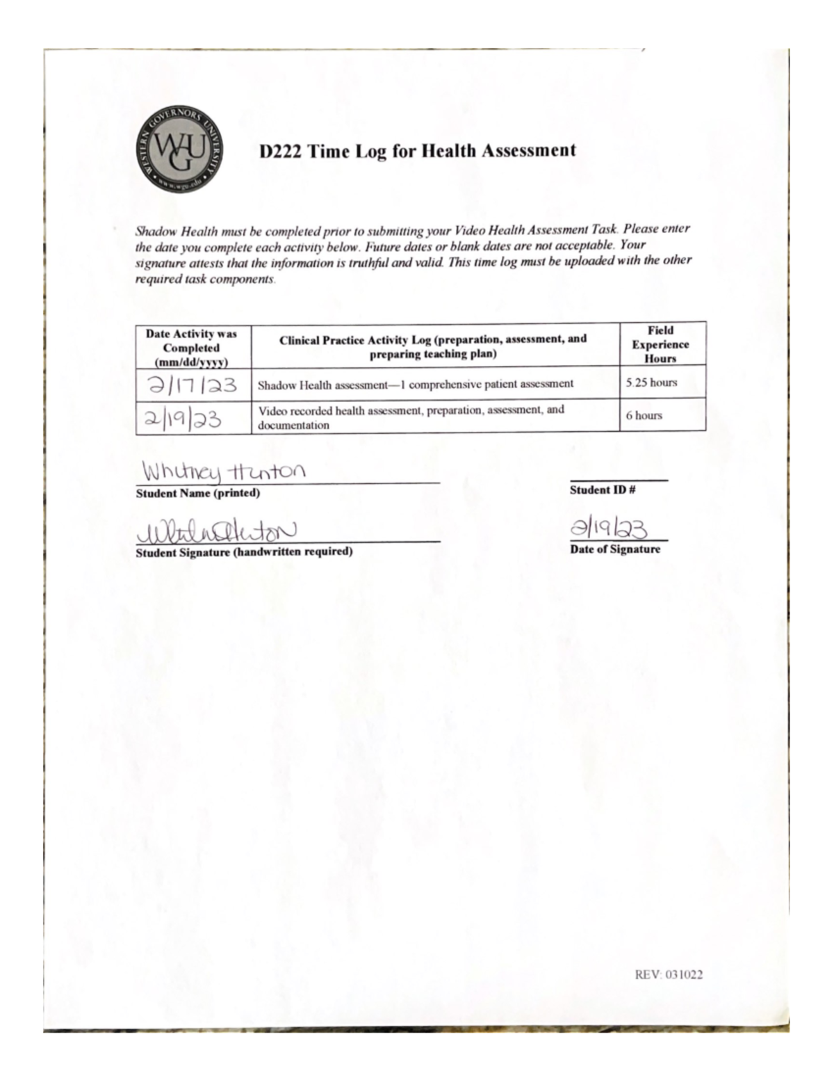 D222 Time Log for Health Assessment - NURS 5495 - Studocu