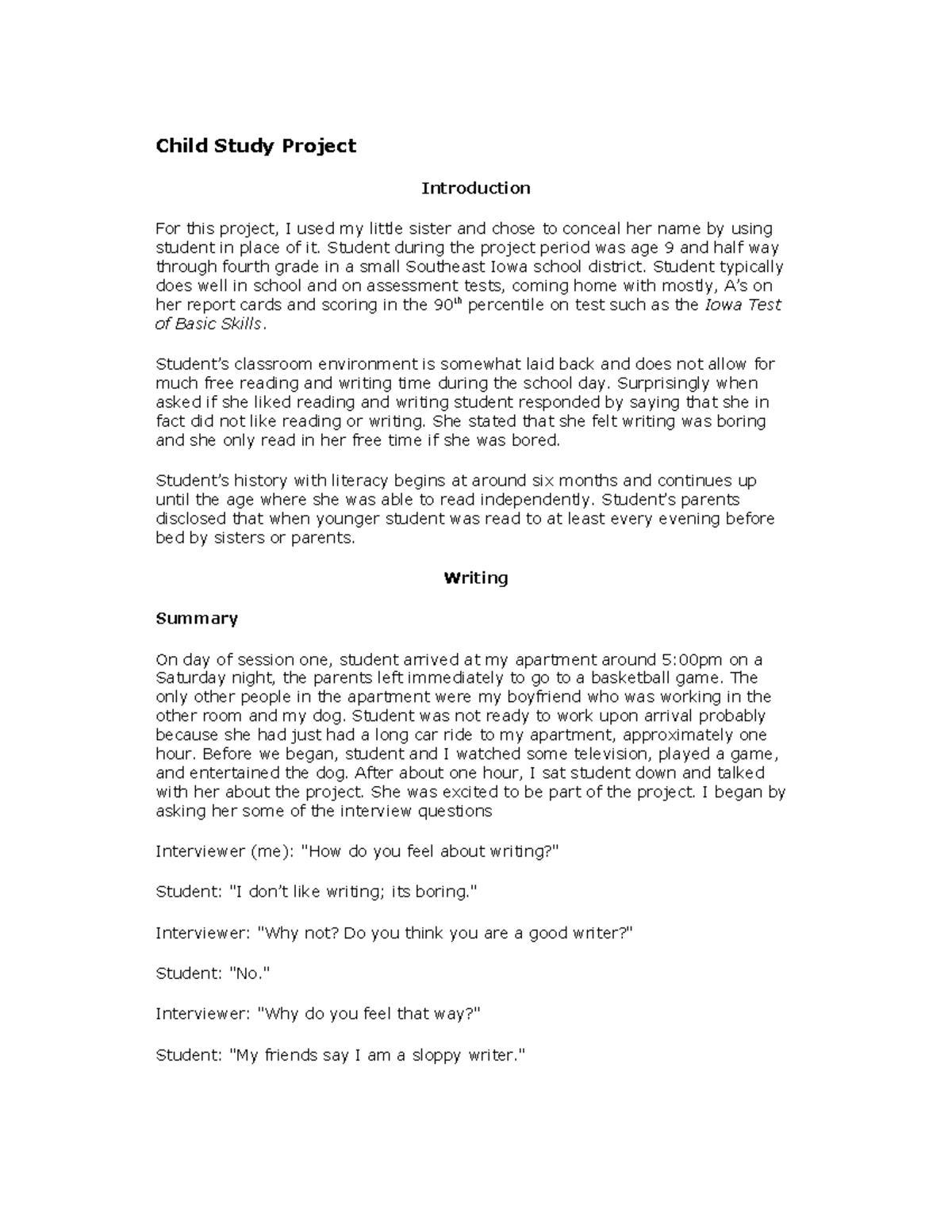Child Study Project - Child Study Project Introduction For this project ...