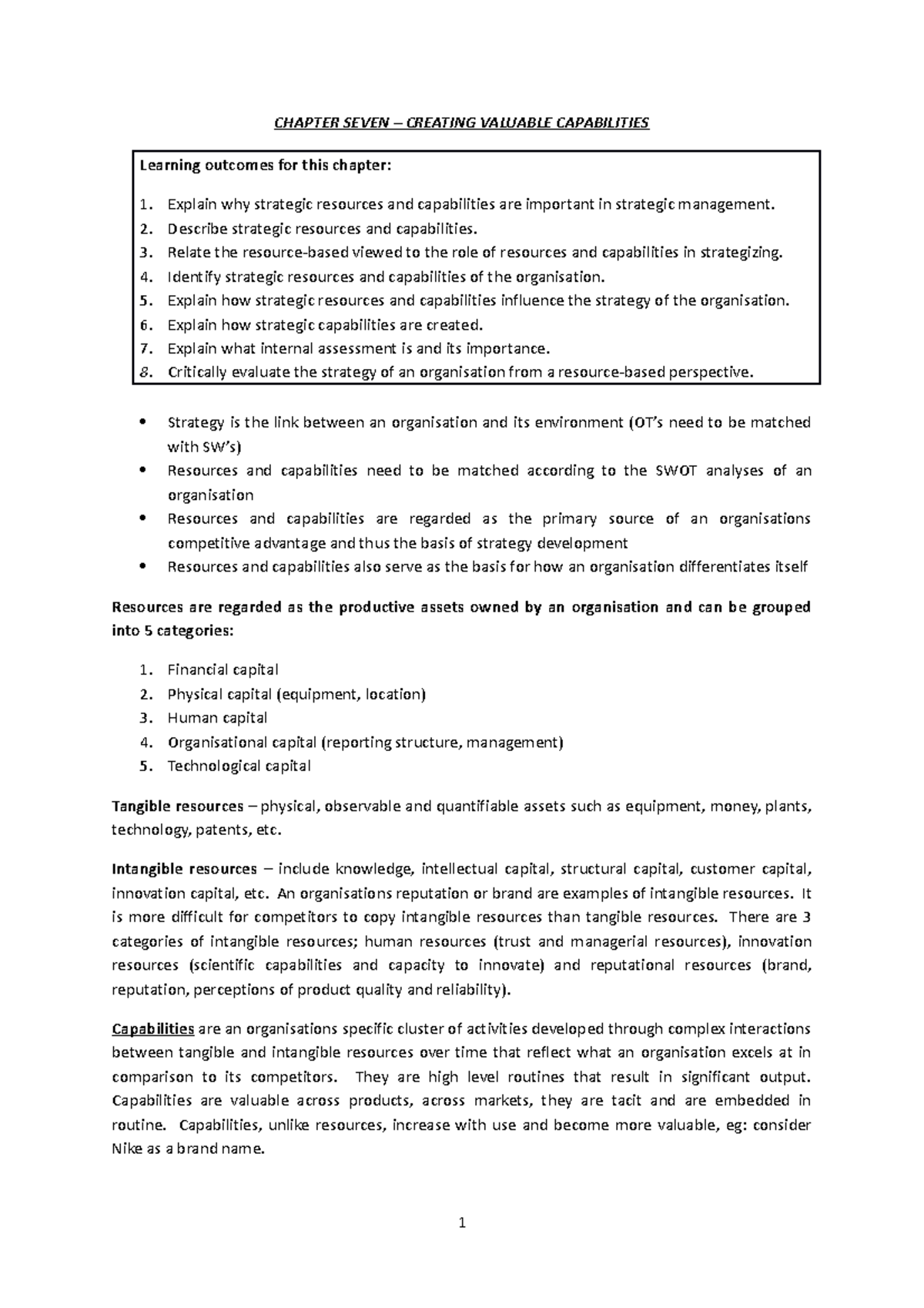 Notes Strategy Ch 7 - CHAPTER SEVEN – CREATING VALUABLE CAPABILITIES ...